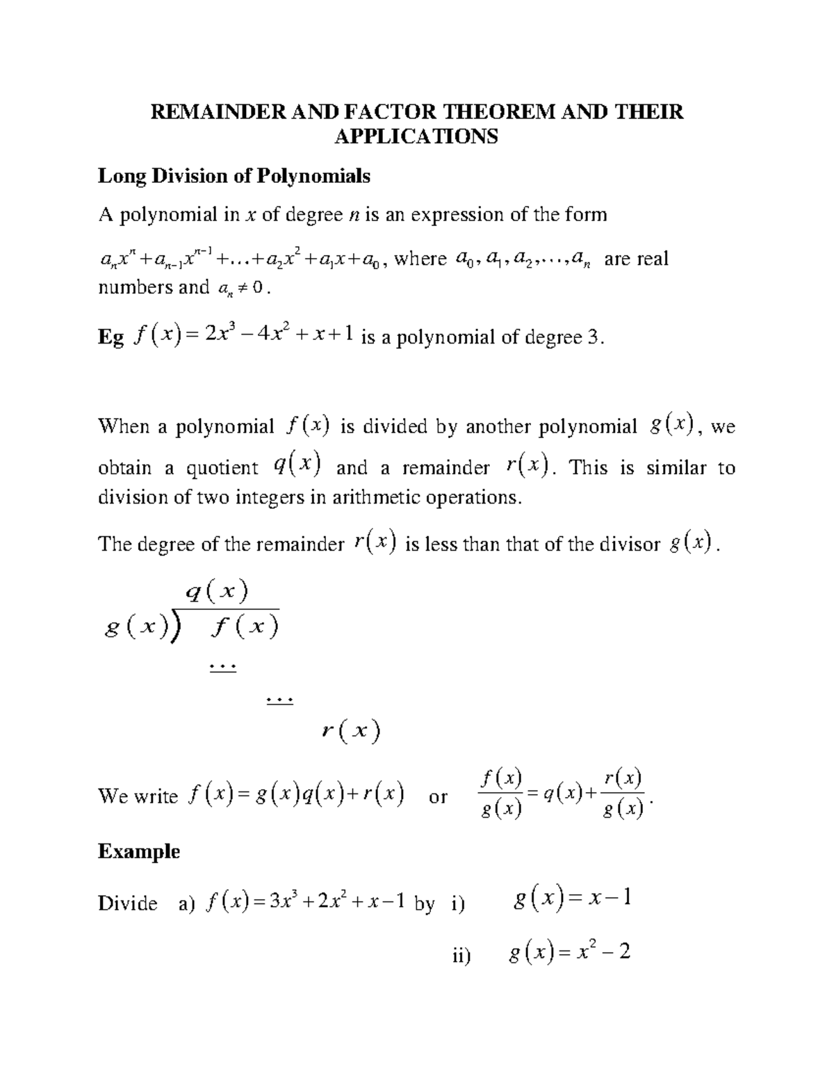 Remainder & Factor Theorem Applications in Polynomials (MATH 101) - Studocu