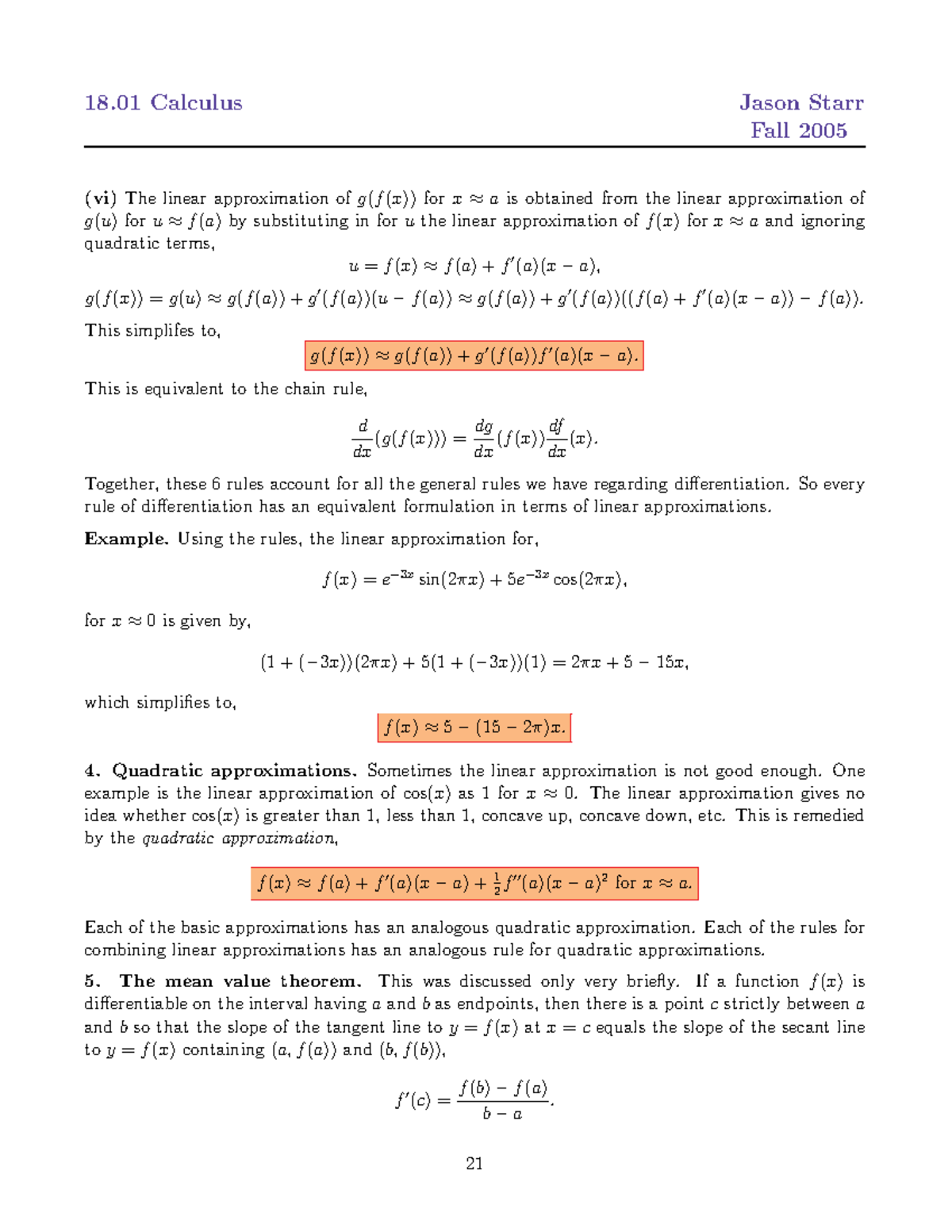 18.01 Calculus Lecture Notes: Linear & Quadratic Approximations - Studocu