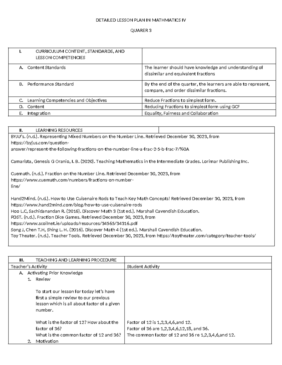 DLP 8: Detailed Lesson Plan on Reducing Fractions to Simplest Form ...