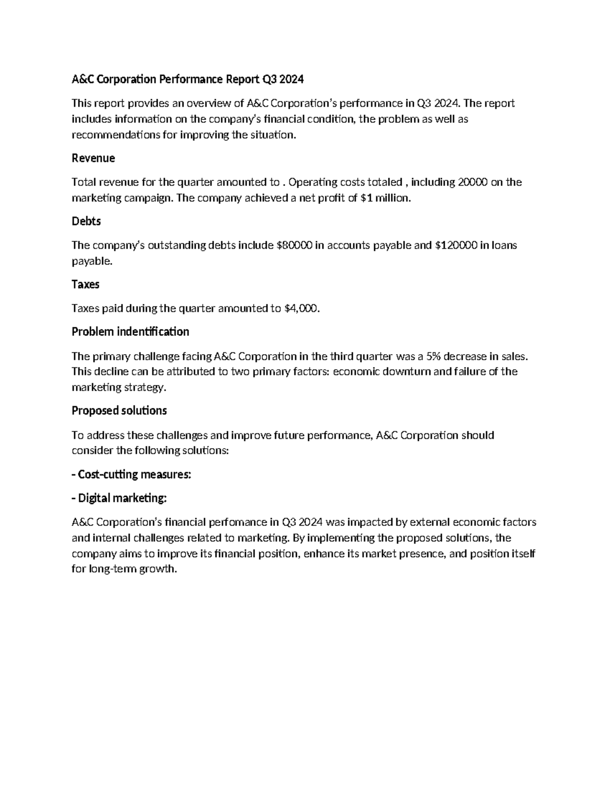 Q3 2024 Corp Performance Report: Challenges & Solutions - Studocu