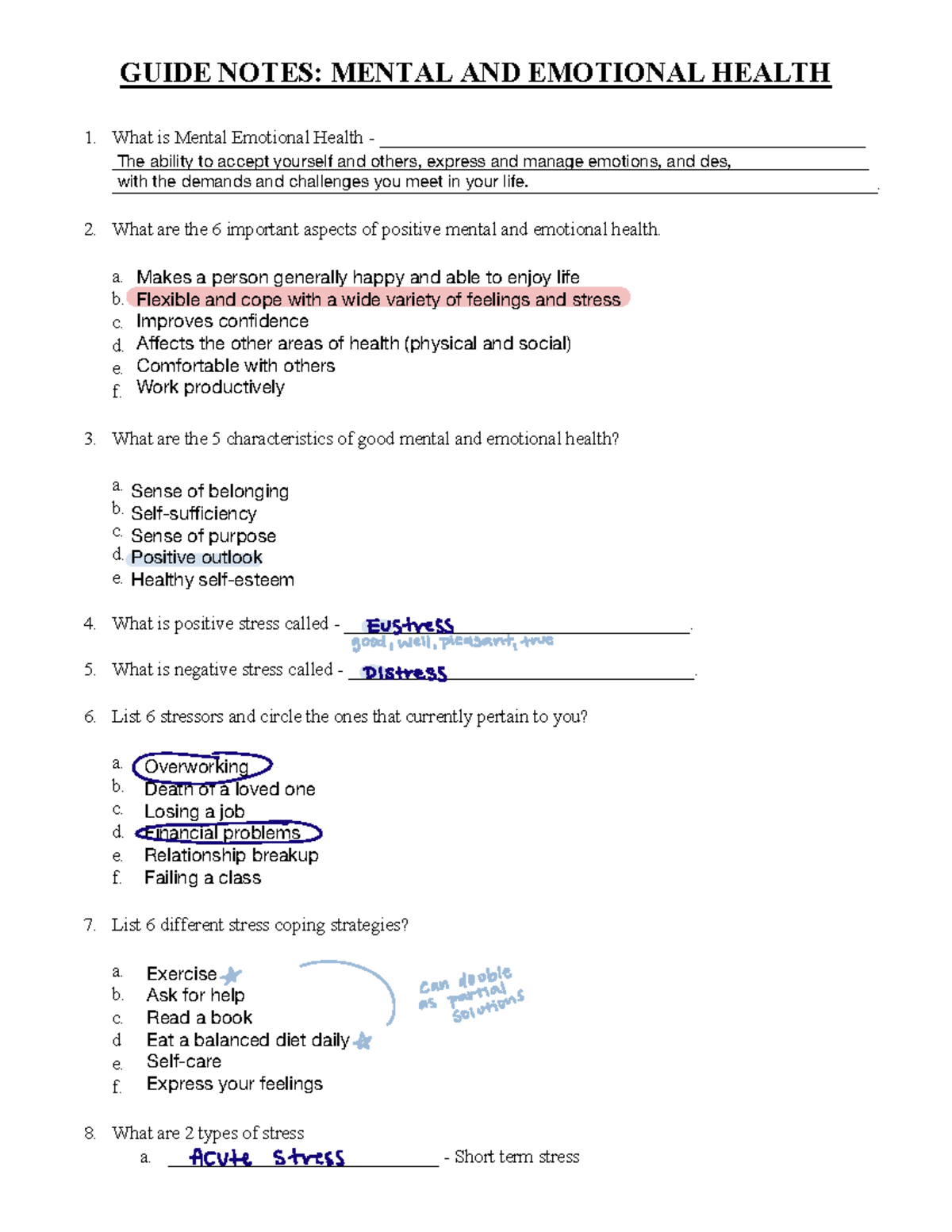 Guided Notes on Mental and Emotional Health Assignment - Studocu