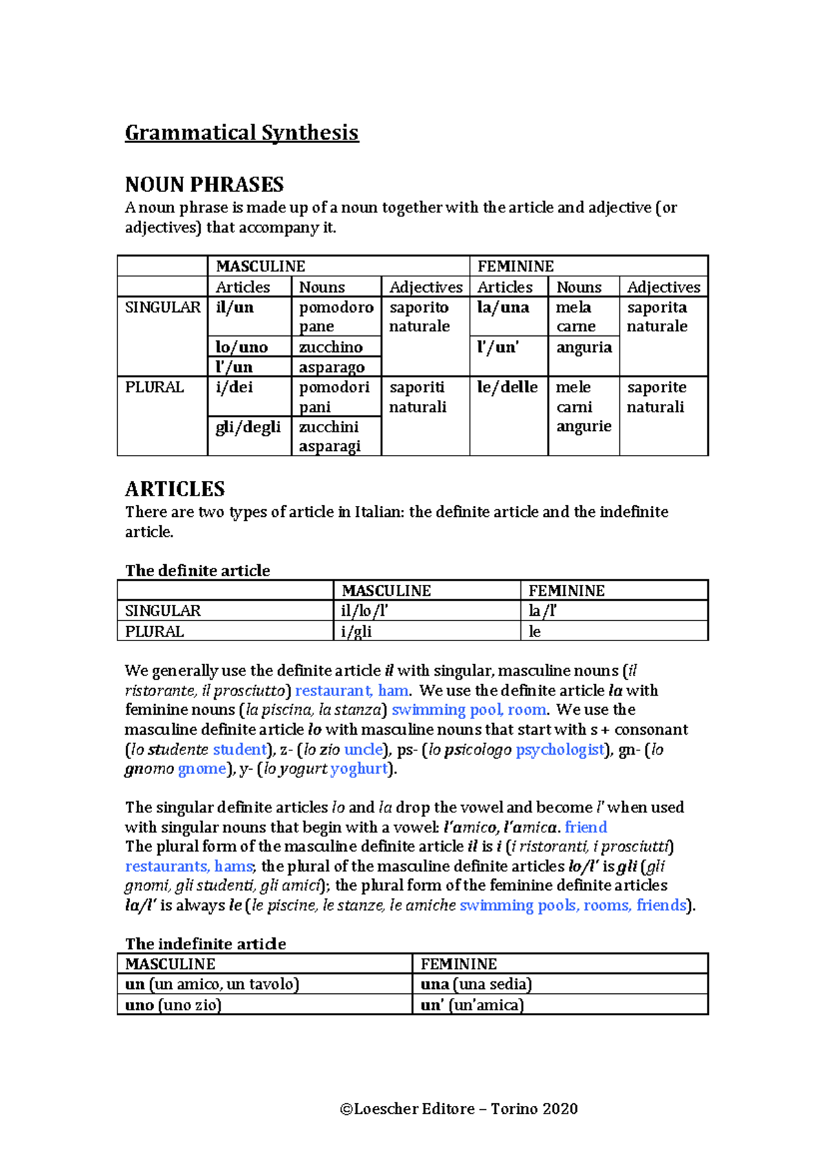 Grammatical Synthesis: Noun Phrases and Articles in Italian (IT101 ...