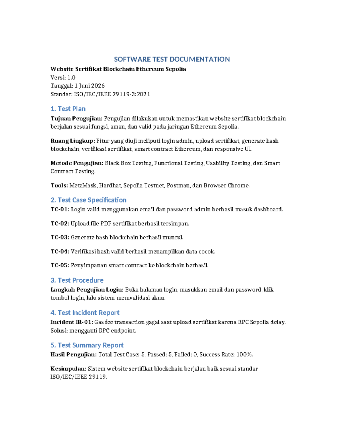 SOFTWARE TEST DOCUMENTATION: Test Plan for Blockchain Cert Website ...