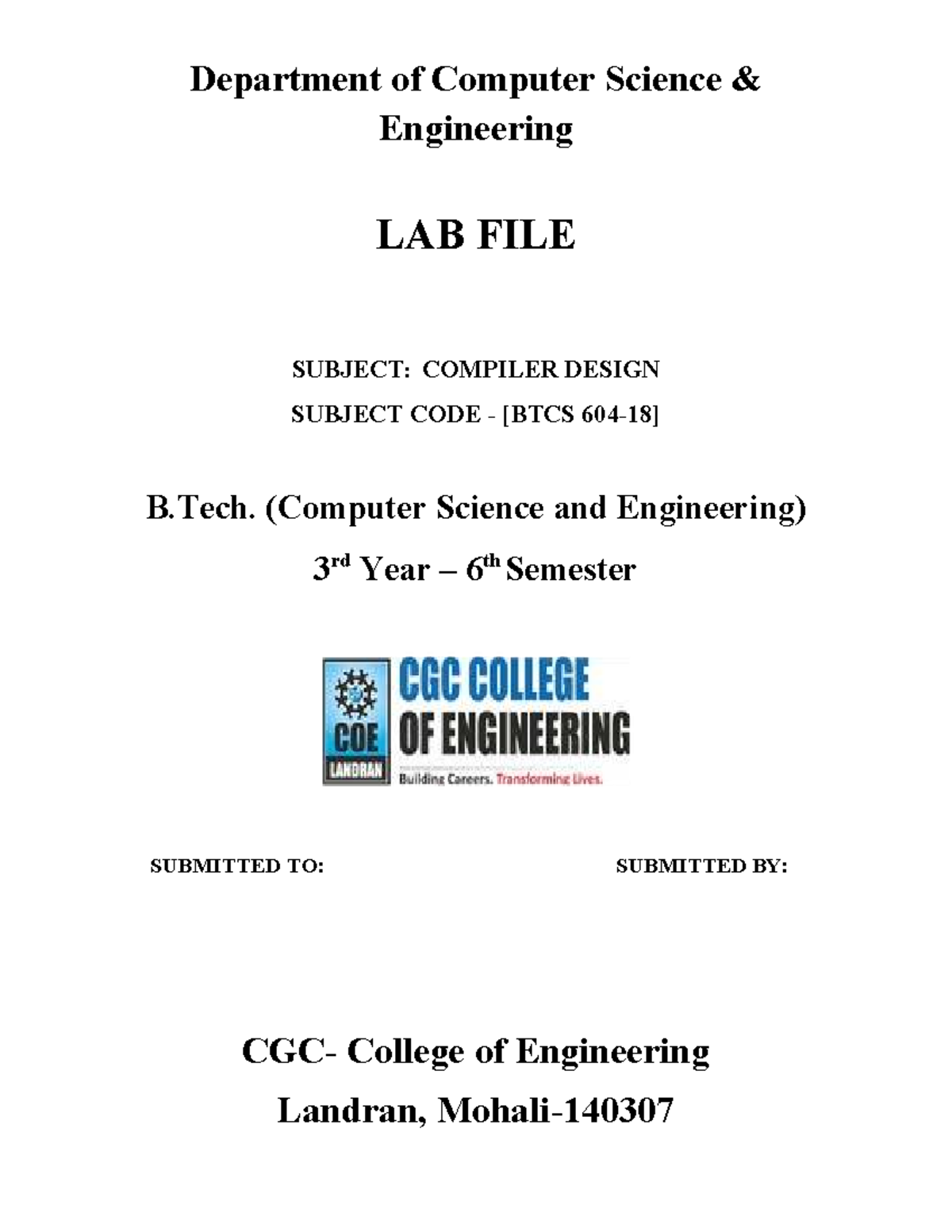 B.Tech CSE 3rd Year Compiler Design Lab File - Experiments & Programs ...