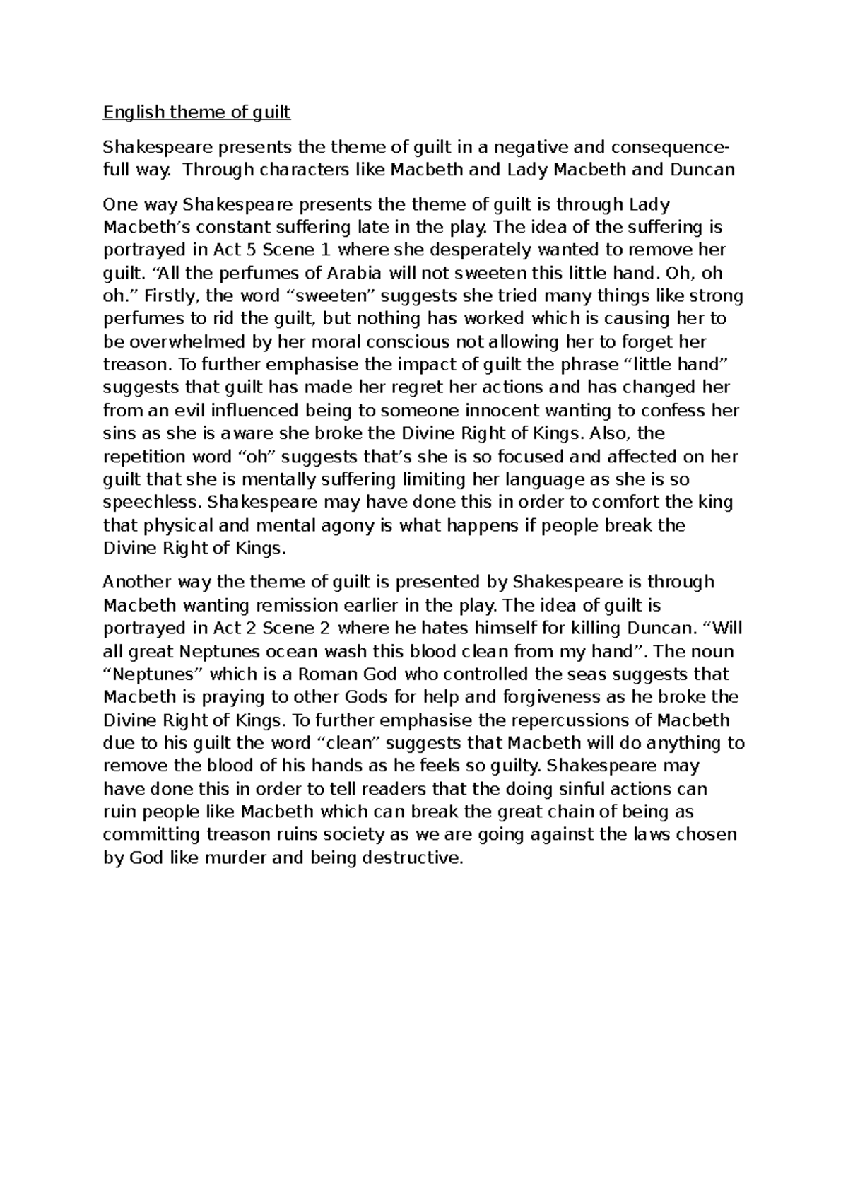 Macbeth (ENG101) Theme of Guilt: Analysis of Key Characters and Scenes ...