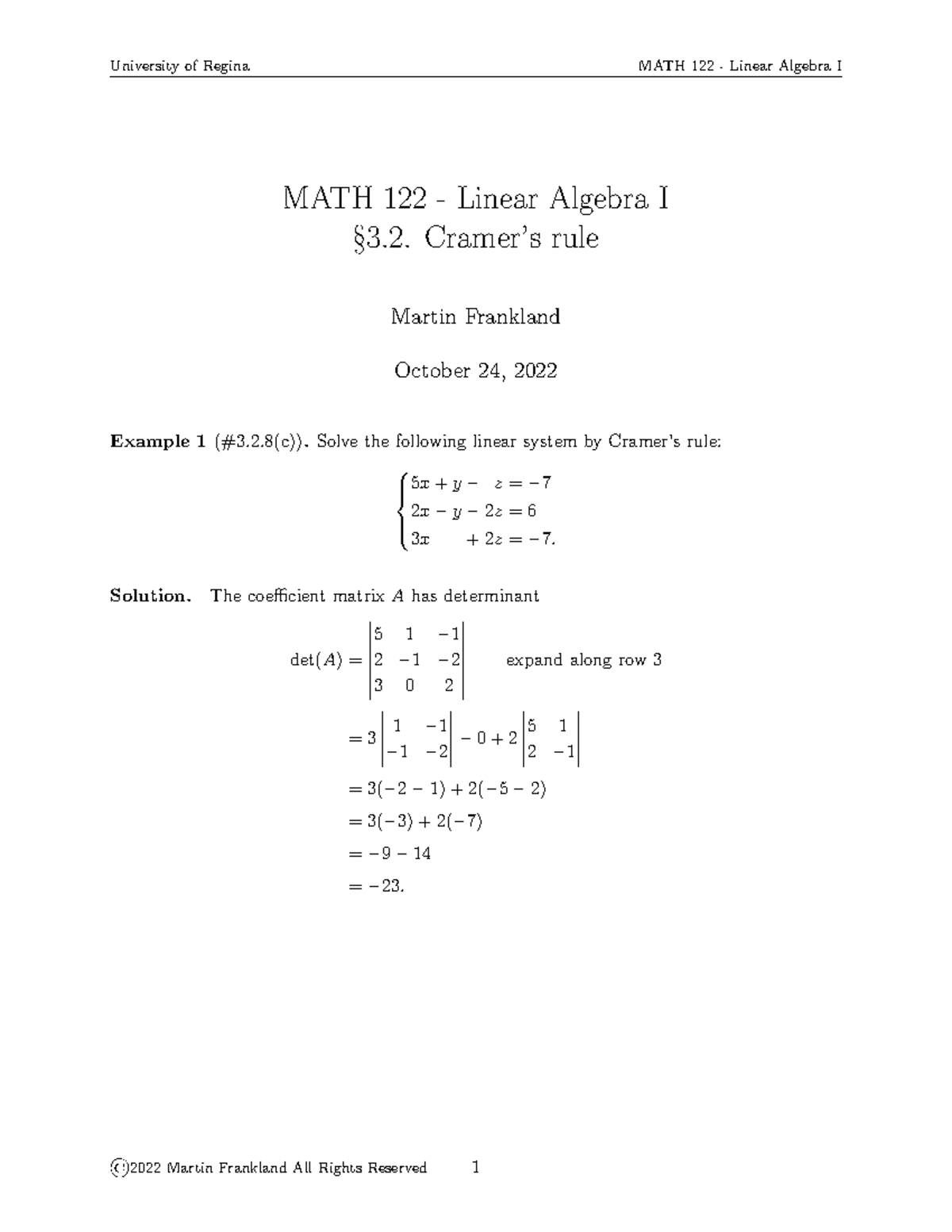 Math122 3-2 Cramers Rule - University of Regina MATH 122 - Linear ...