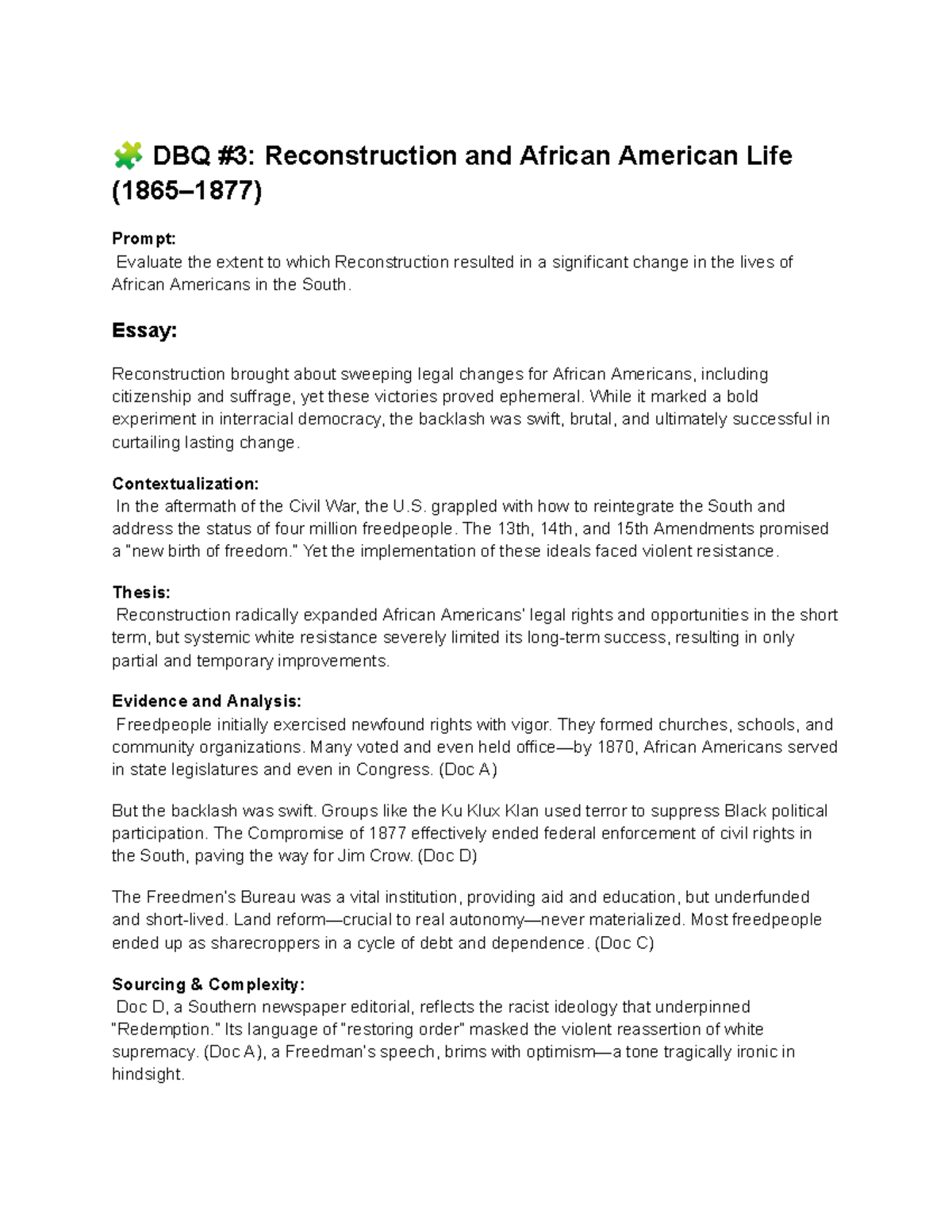 DBQ #3: Impact of Reconstruction on African American Life (1865–1877 ...
