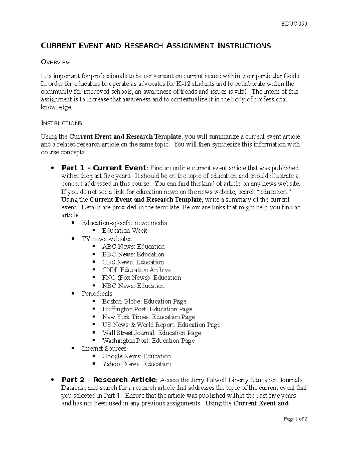 EDUC 350: Current Event & Research Assignment Overview & Instructions ...