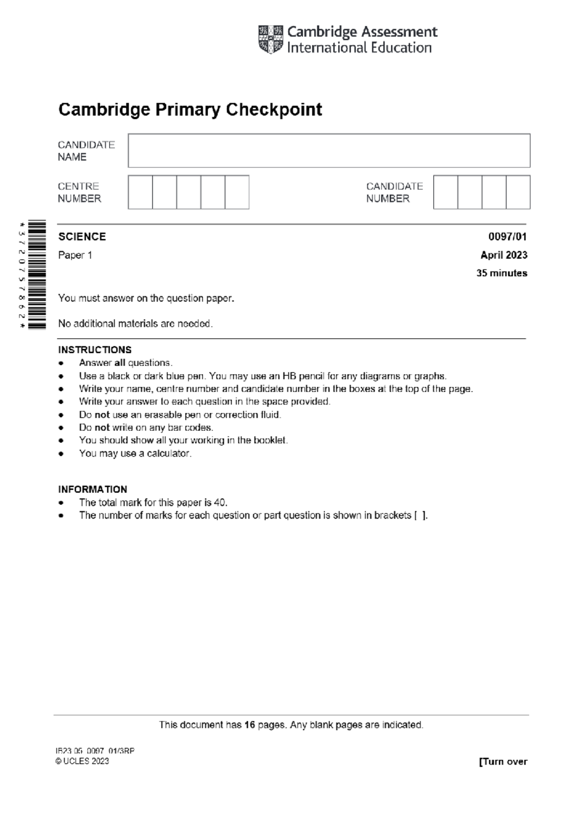 2023 Cambridge Primary Science Checkpoint P1 Exam Paper - Studocu