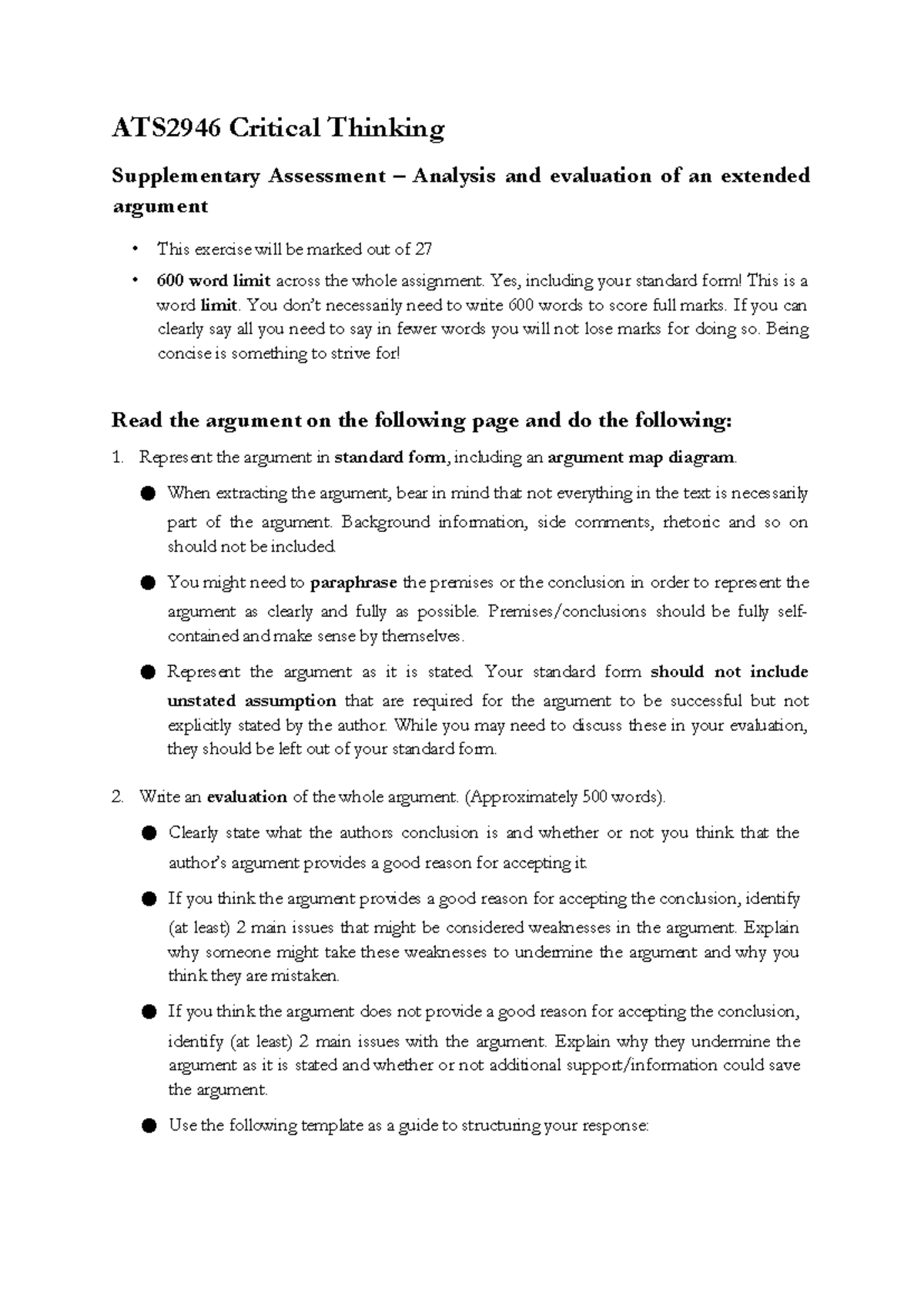 ATS2946 Critical Thinking AT5: Argument Analysis & Evaluation - Studocu