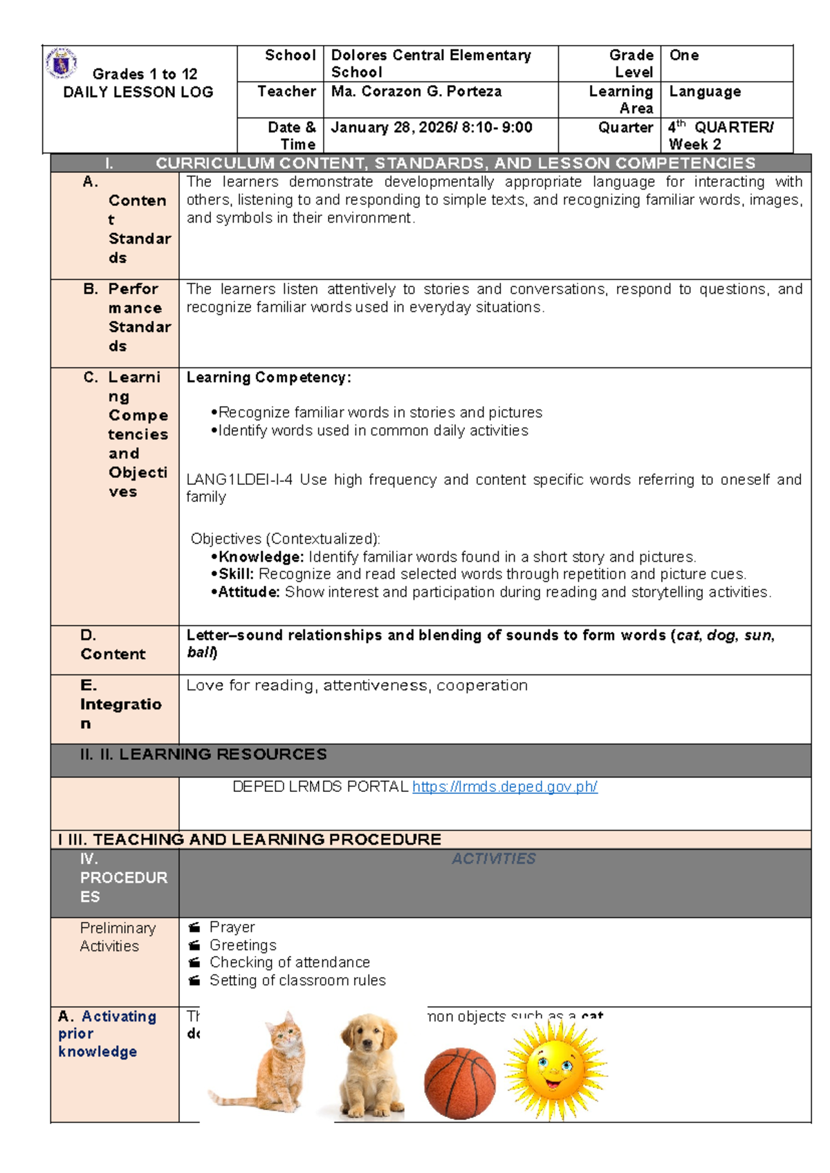 Grade 1 Language Lesson Plan: Traditional Approach (Q4, Week 2) - Studocu