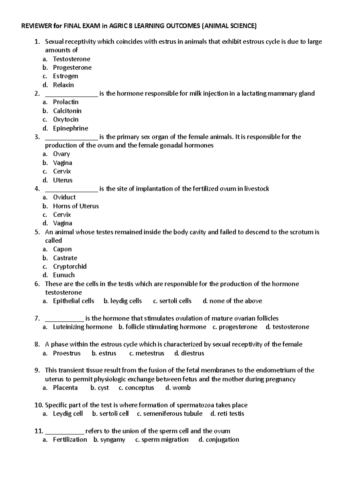 Final Exam Reviewer for Animal Science in Agric 8 Learning - Studocu
