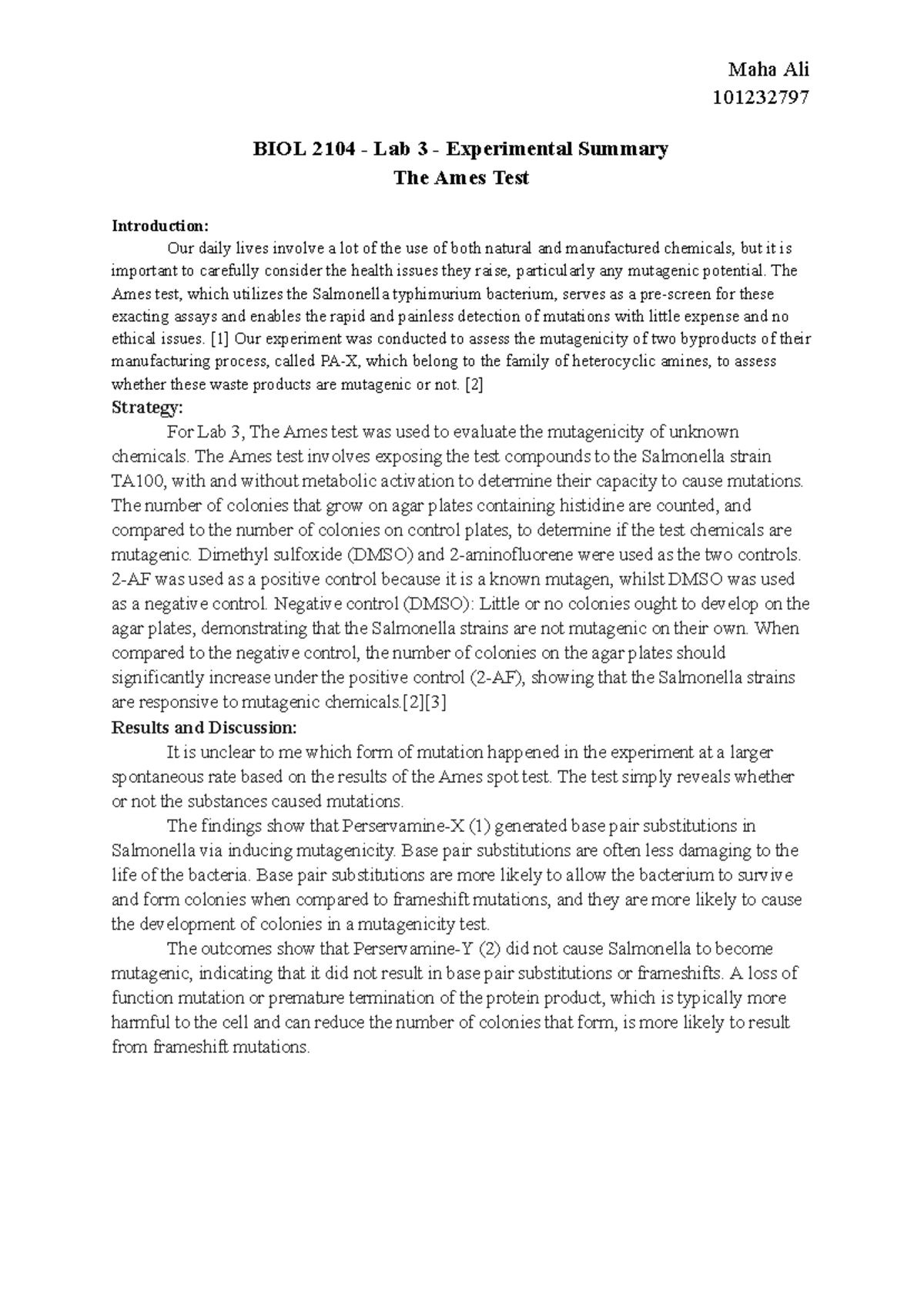 BIOL 2104 - Lab 3 - Experimental Summary - Maha Ali 101232797 BIOL 2104 ...
