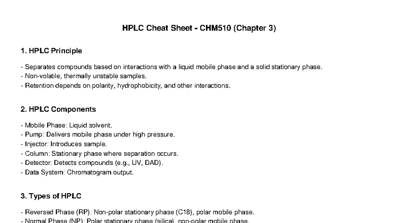 HPLC Principles and Components Cheat Sheet CHM510 (Chapter 3) - Studocu