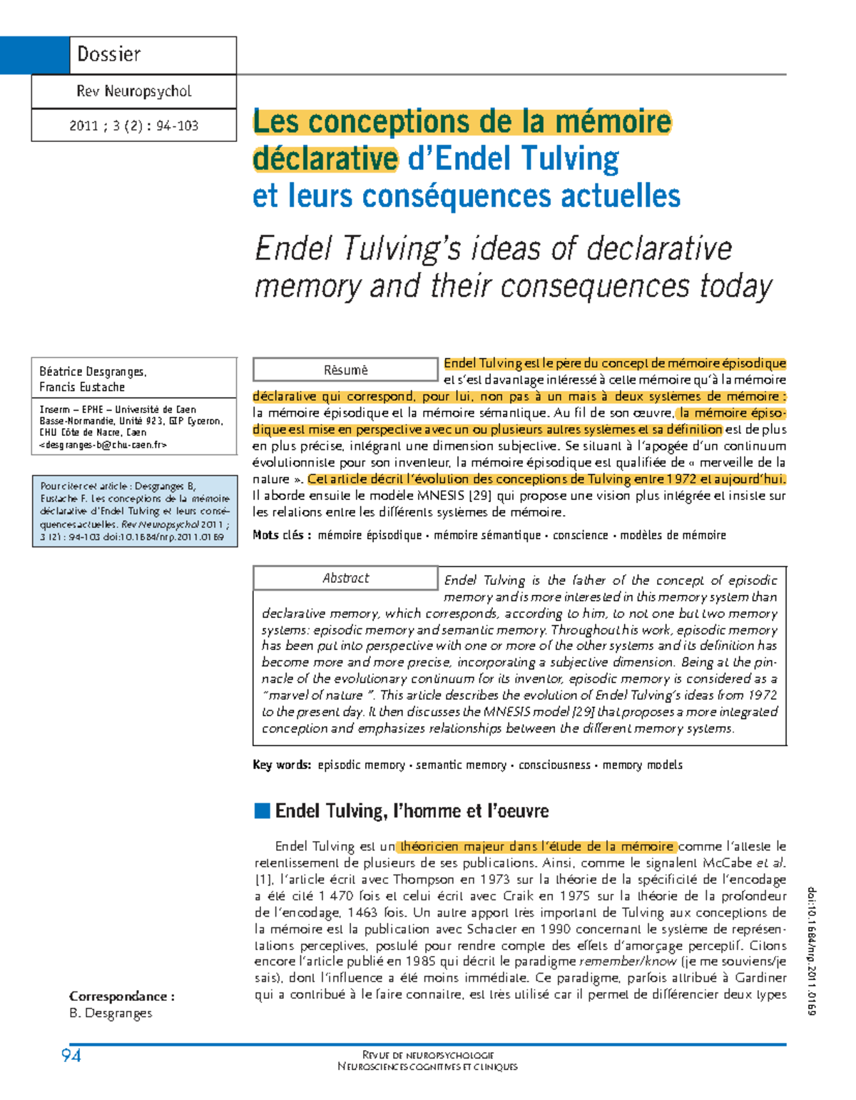 Les conceptions de la mémoire déclarative selon Tulving et leurs ...