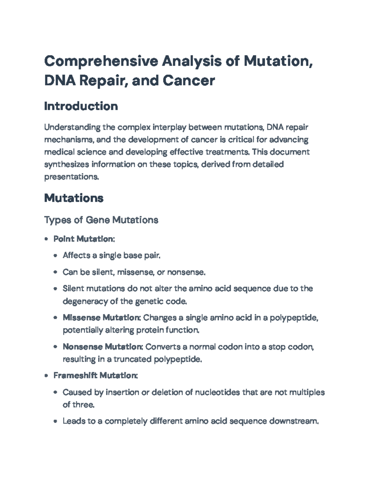 Comprehensive Analysis of DNA Mutations, Repair Mechanisms, and Cancer ...