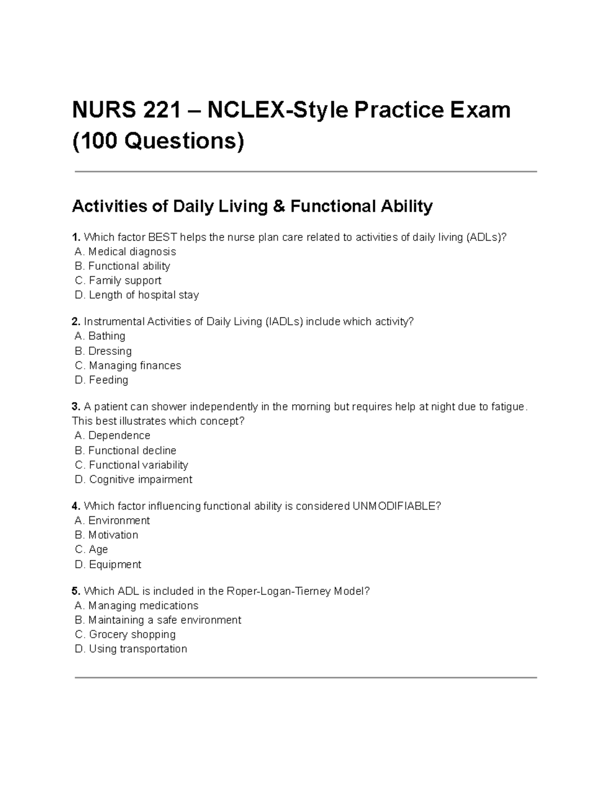 NURS 221 NCLEX-Style Practice Exam: 100 Questions on Daily Living ...