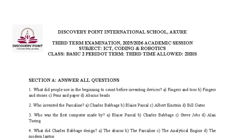 B2 ICT Third Term Exam: Coding Robotics for Basic 2 - Studocu