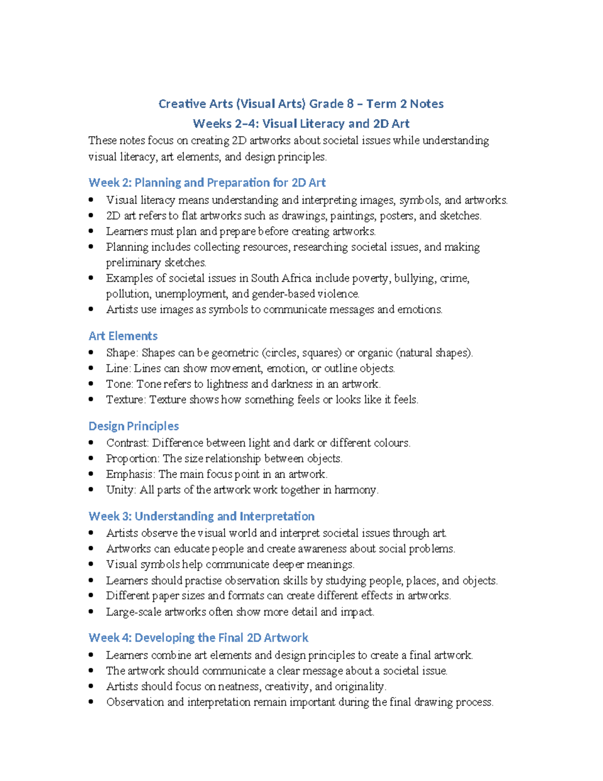 Creative Arts (Visual Arts) Grade 8 Term 2 Notes: Weeks 2-4 - Studocu