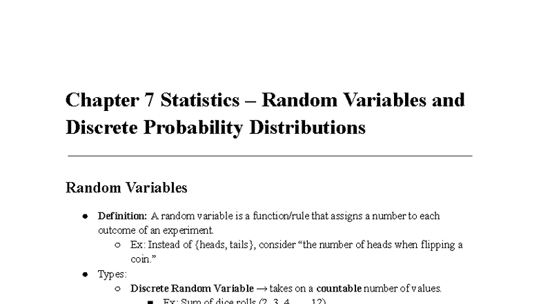 Chapter 7 Stats: Random Variables & Discrete Probability Dist. - Studocu