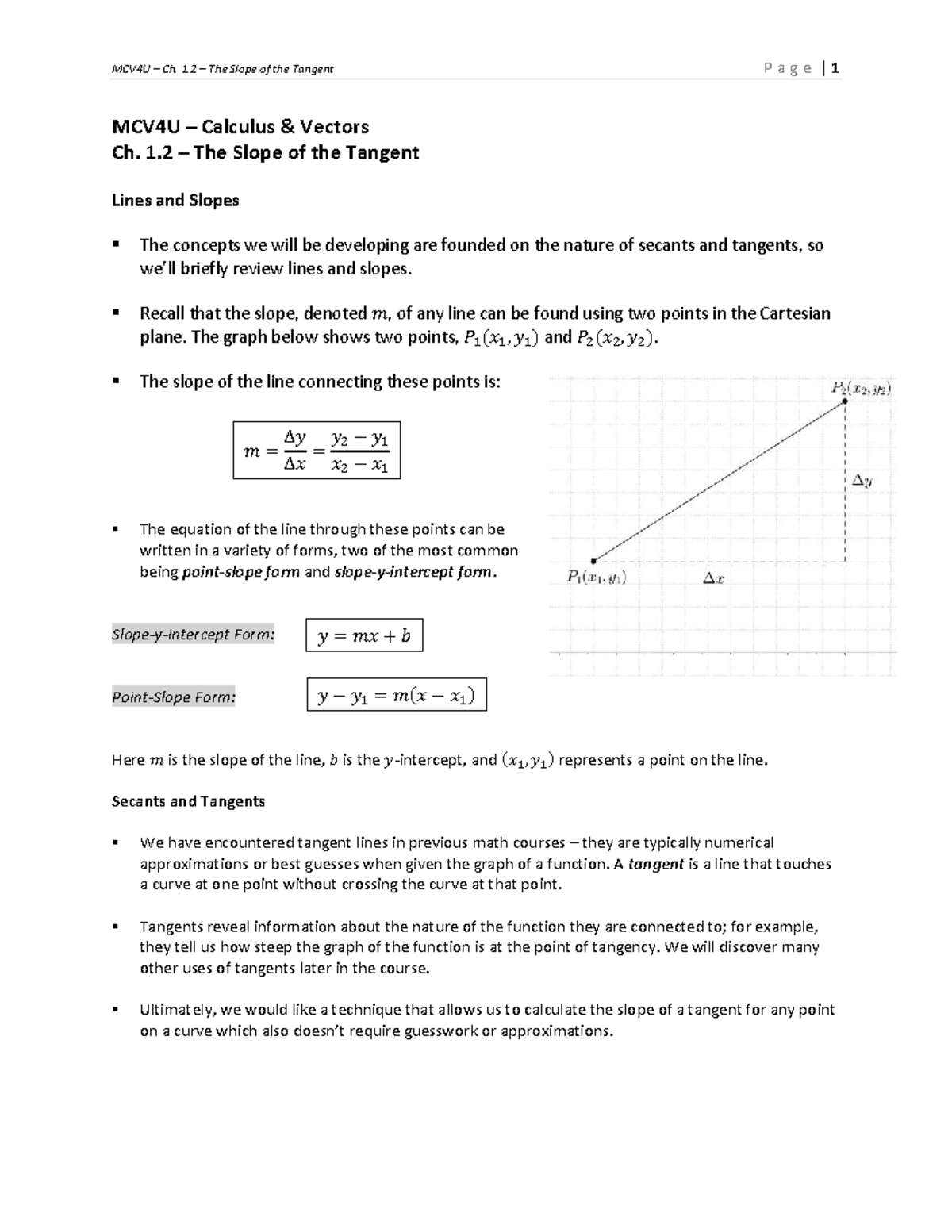 MCV4U Ch. 1.2 Slope of the Tangent Lines and Secants - Studocu
