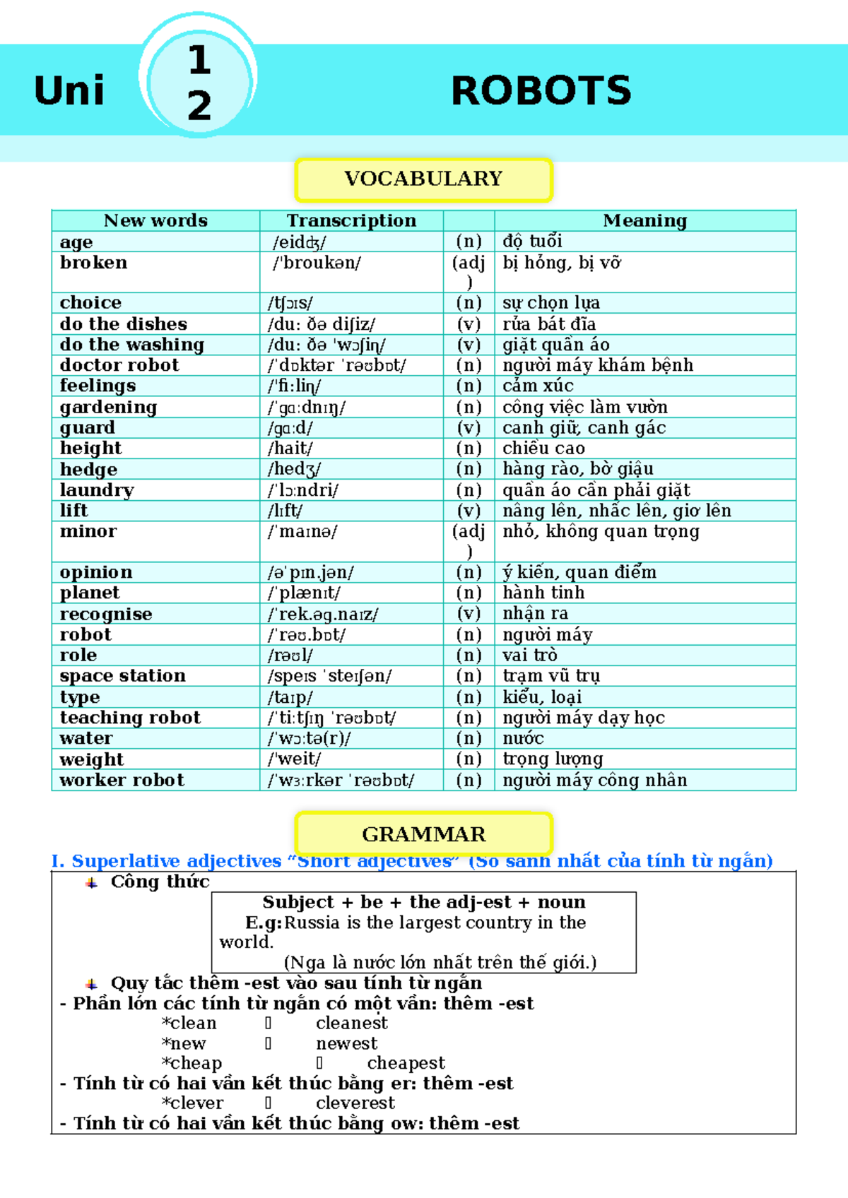 2526 ANH 6 UNIT 12 - Robots Vocabulary and Grammar Notes - Studocu