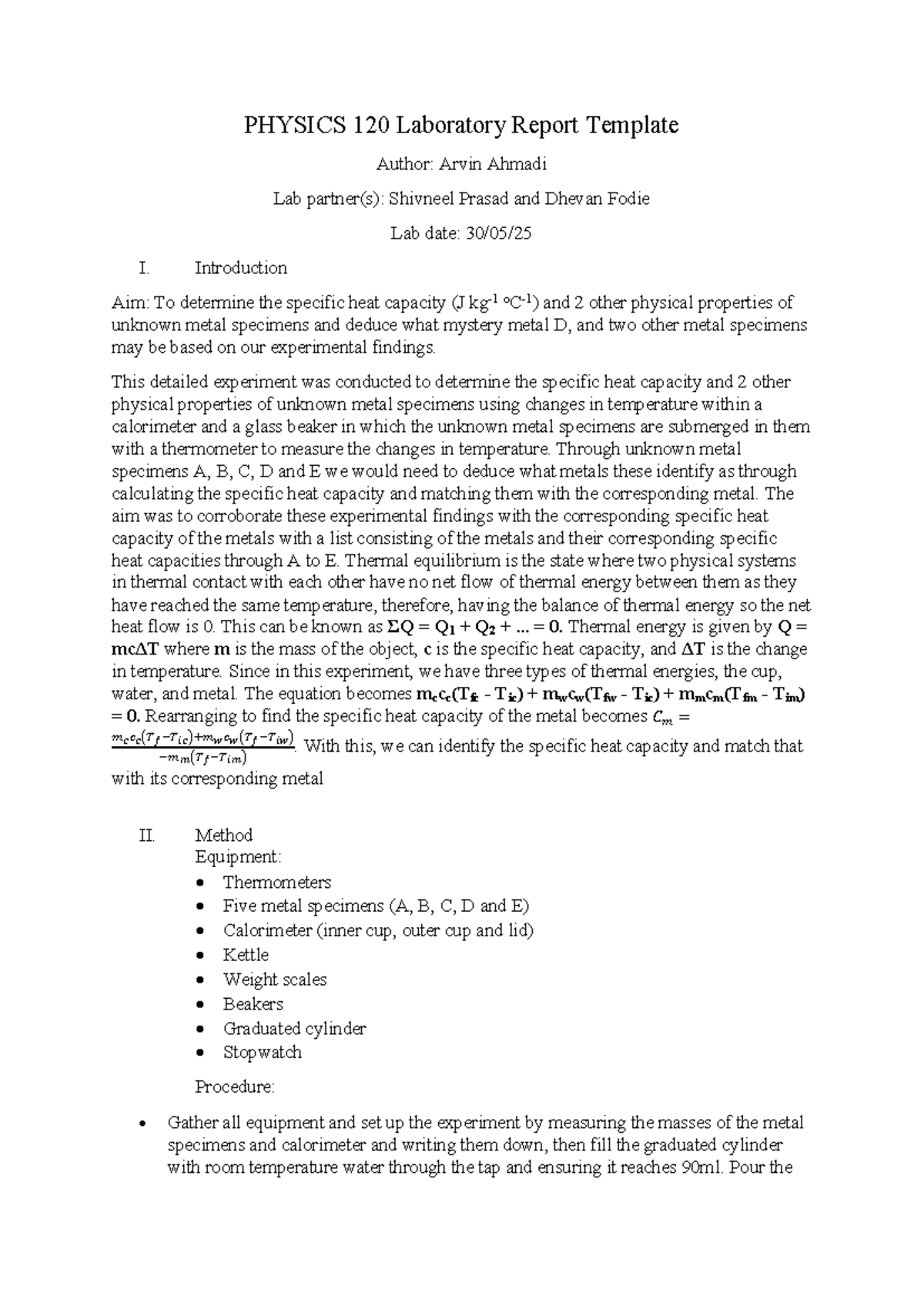 PHYSICS 120 Lab Report: Specific Heat Capacity Experiment - Studocu