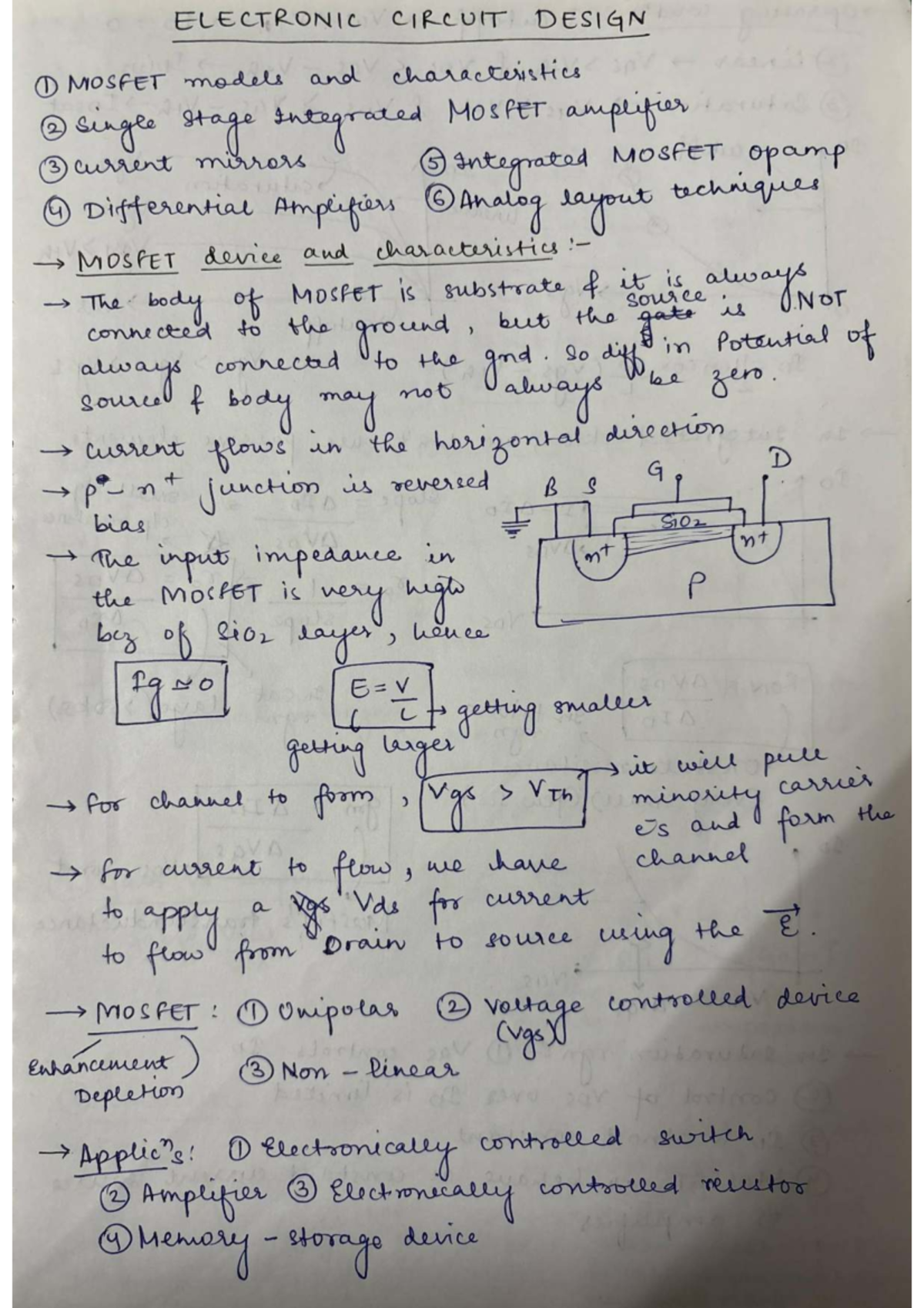ECD 2023: MOSFET Models, Characteristics & Integrated Amplifiers Notes ...