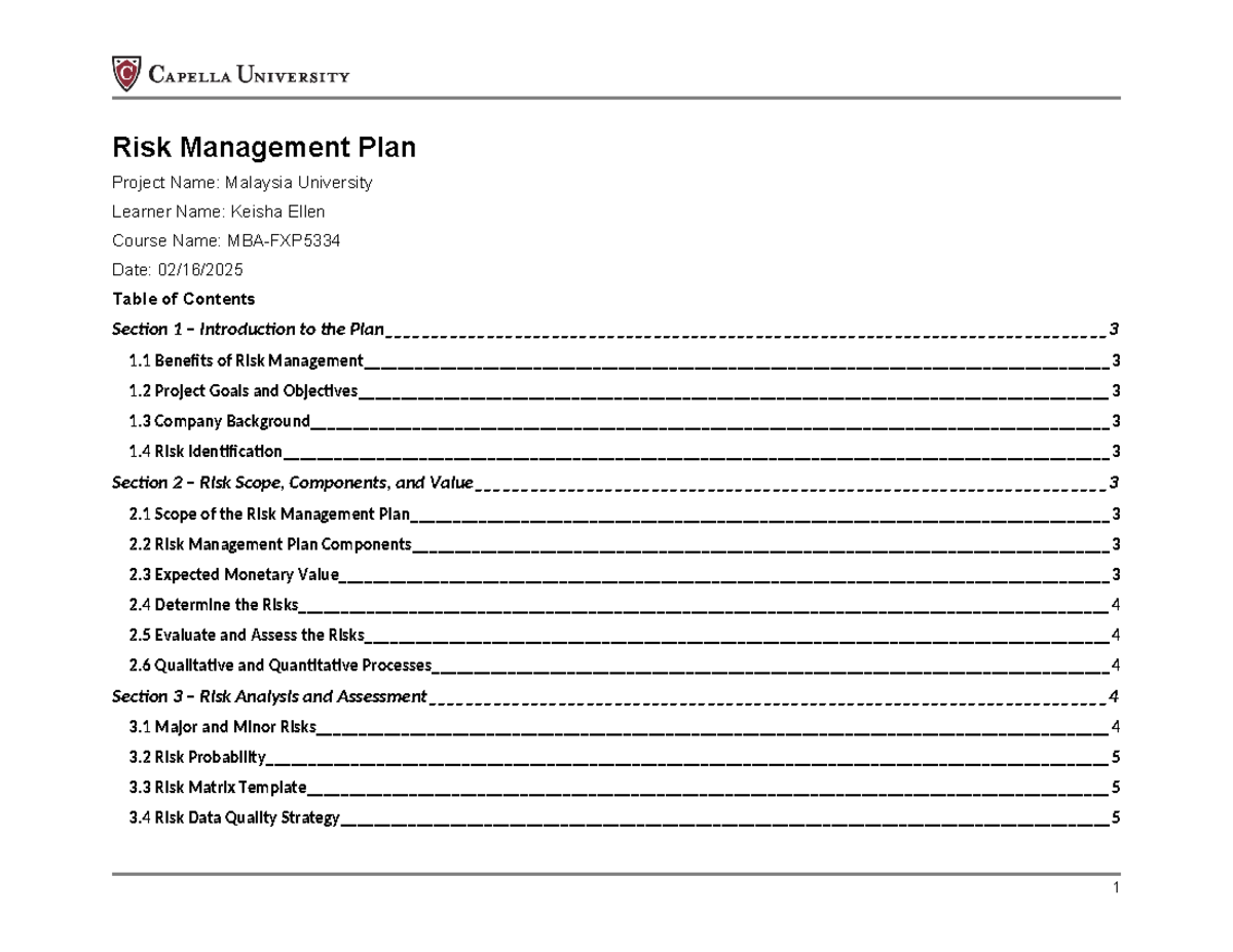 Risk Management Plan for Malaysian University Project (Class 10 ...