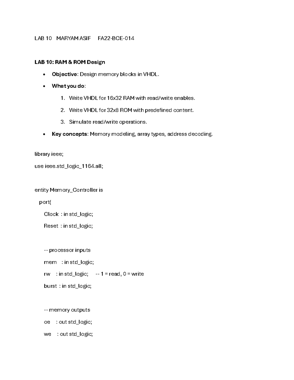 LAB 10: VHDL RAM & ROM Design Notes - Studocu