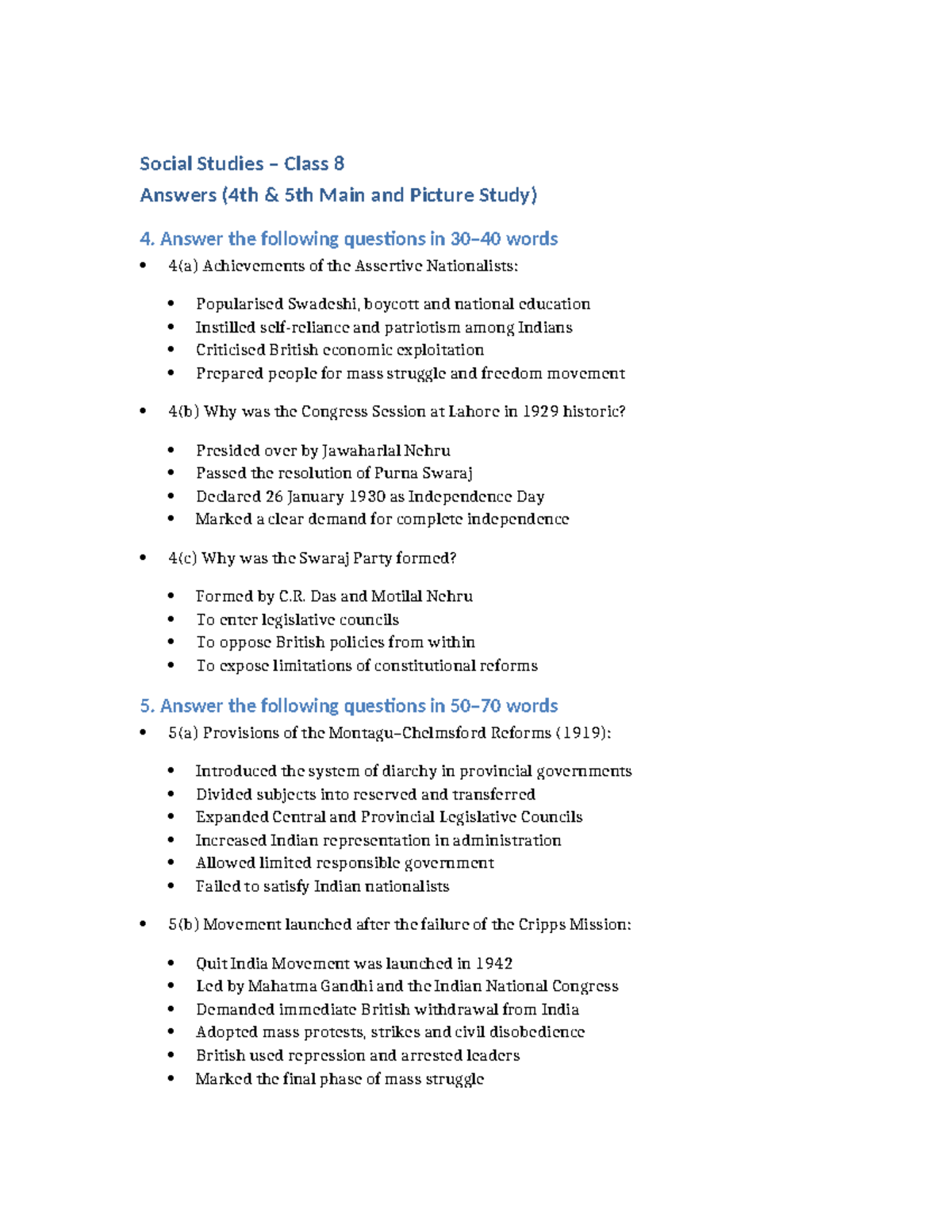 Class 8 Social Studies Answers: Nationalism & Key Movements - Studocu