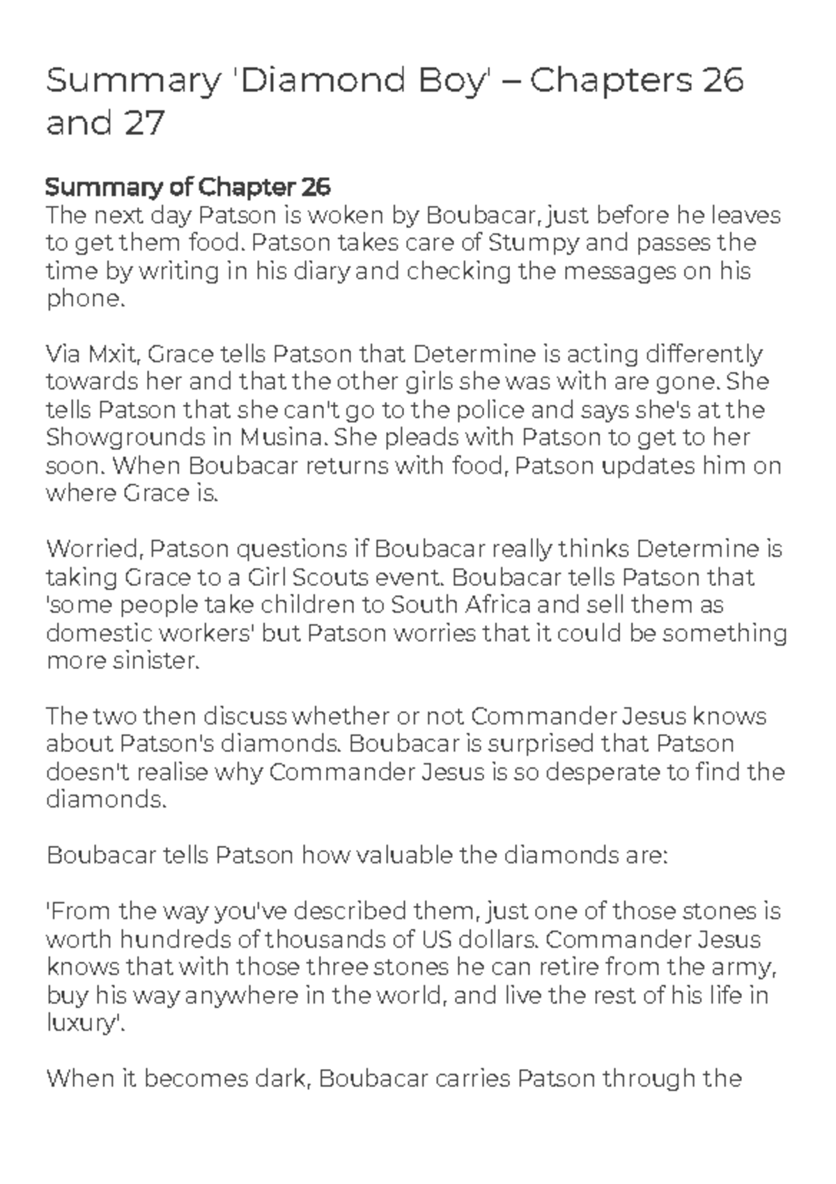 Summary of Chapters 26-27: Diamond Boy Analysis & Themes - Studocu