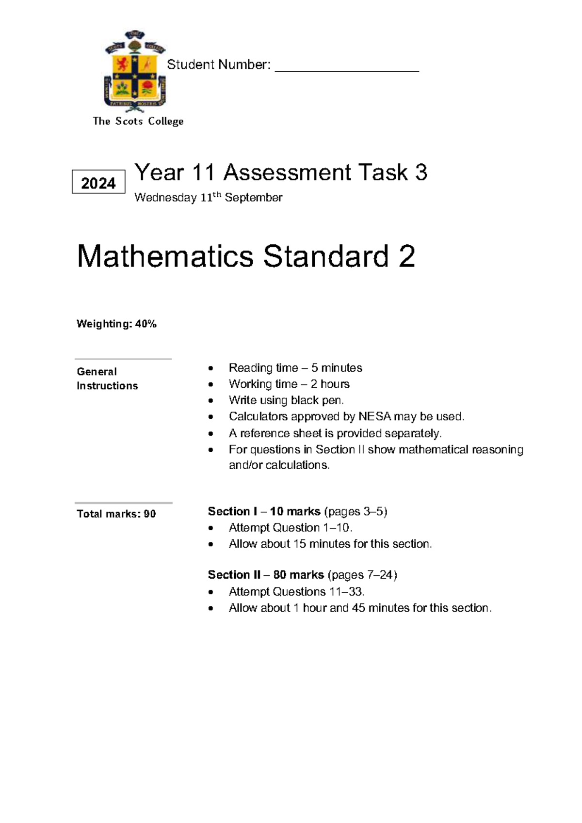 Year 11 Mathematics Standard 2 Assessment Task 3 - 2024 - Studocu