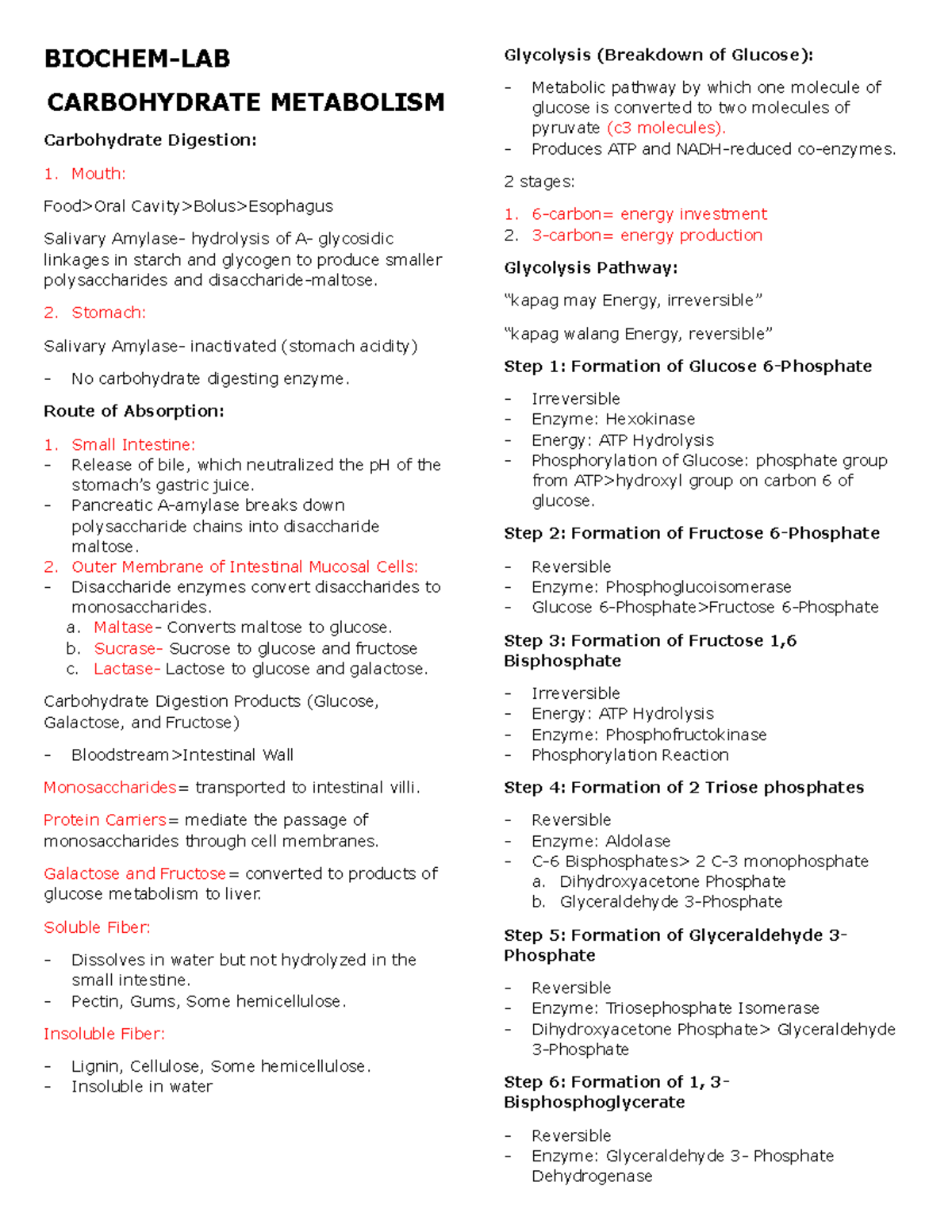 Final Exam Study Notes: Carbohydrate Metabolism - BIOCHEM-LAB - Studocu