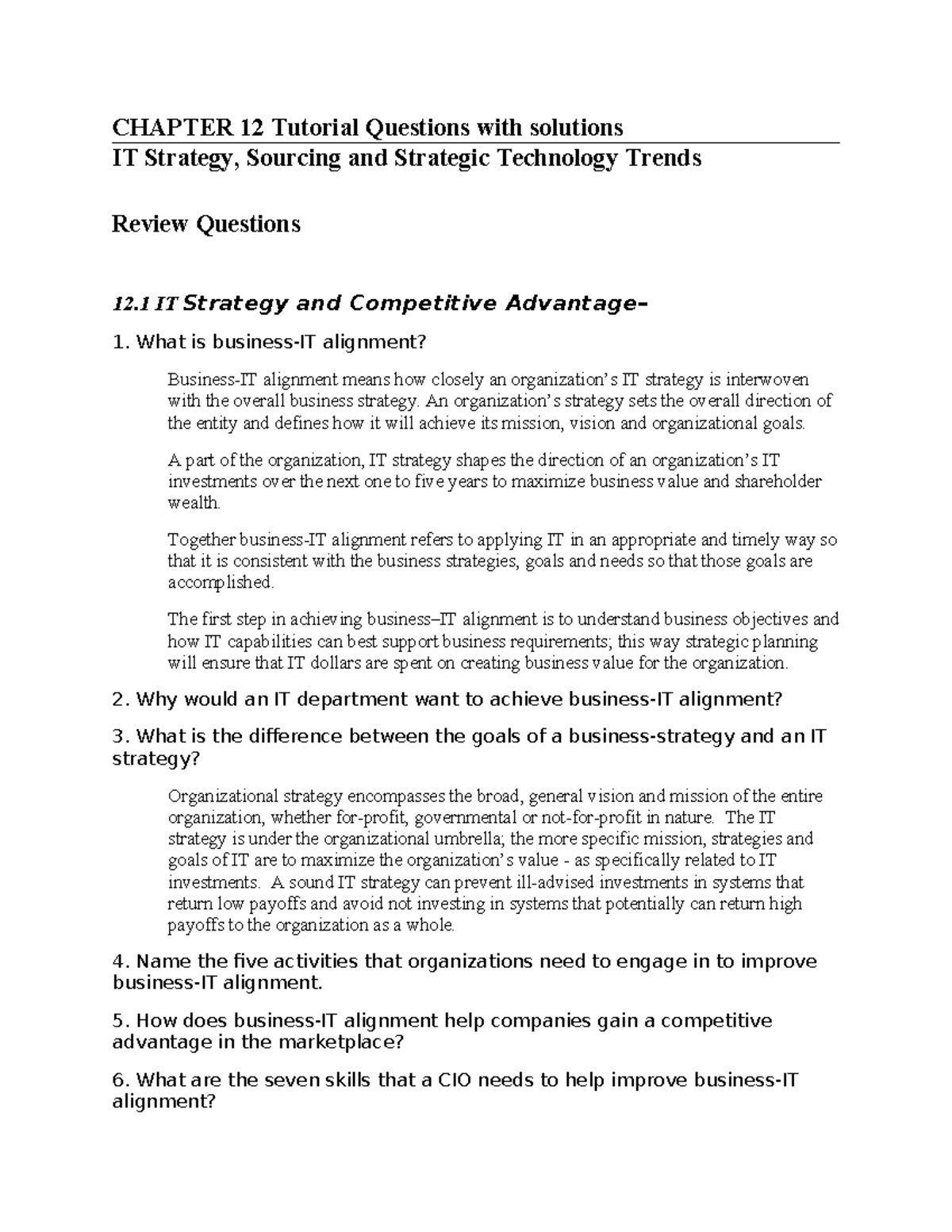 Chapter 12 Tutorial Questions & Answers: IT Strategy & Sourcing ...