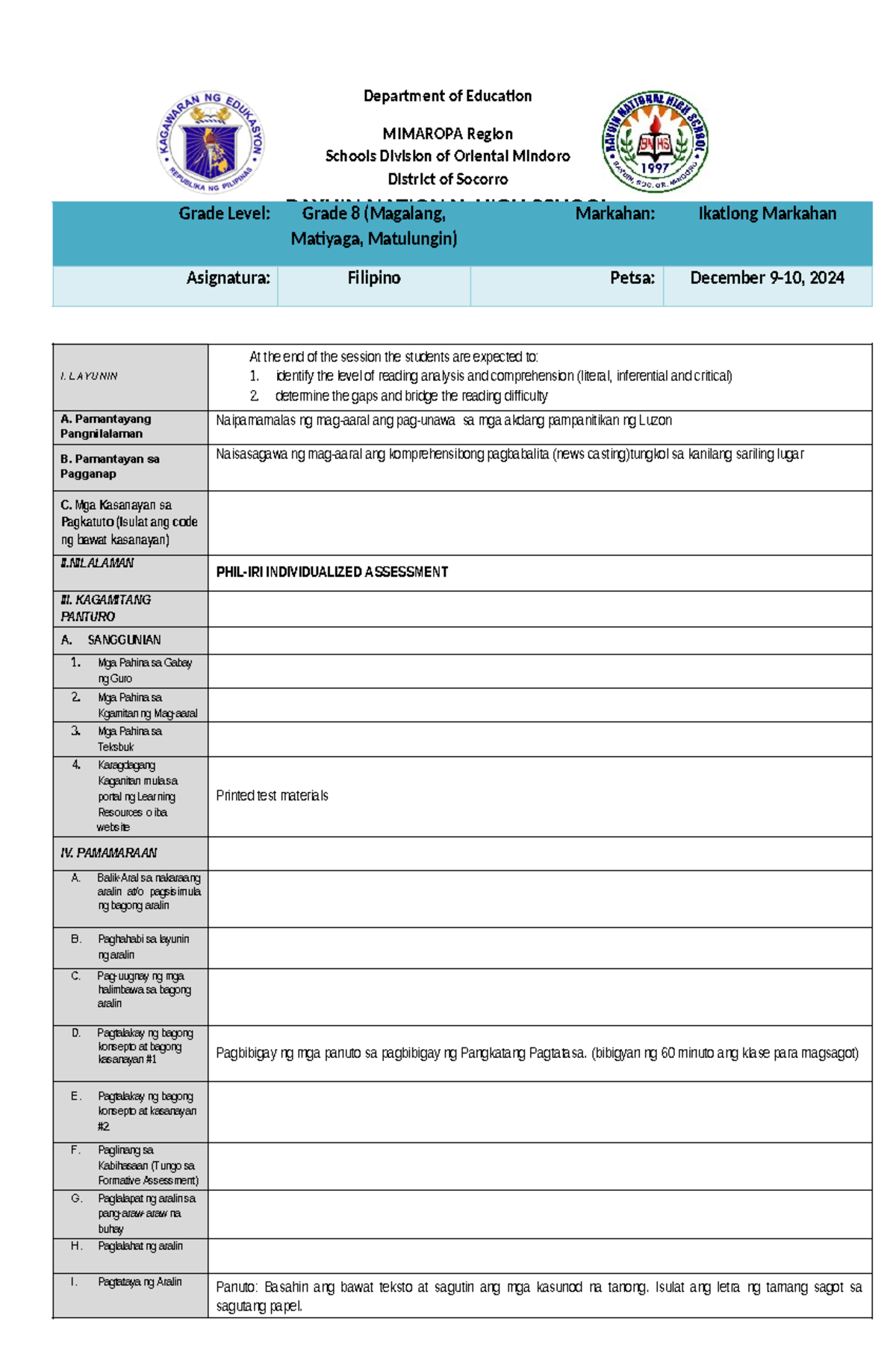 DLP Filipino 8 - Lesson Plan for December 9-10, 2024 (phil-IRI) - Studocu