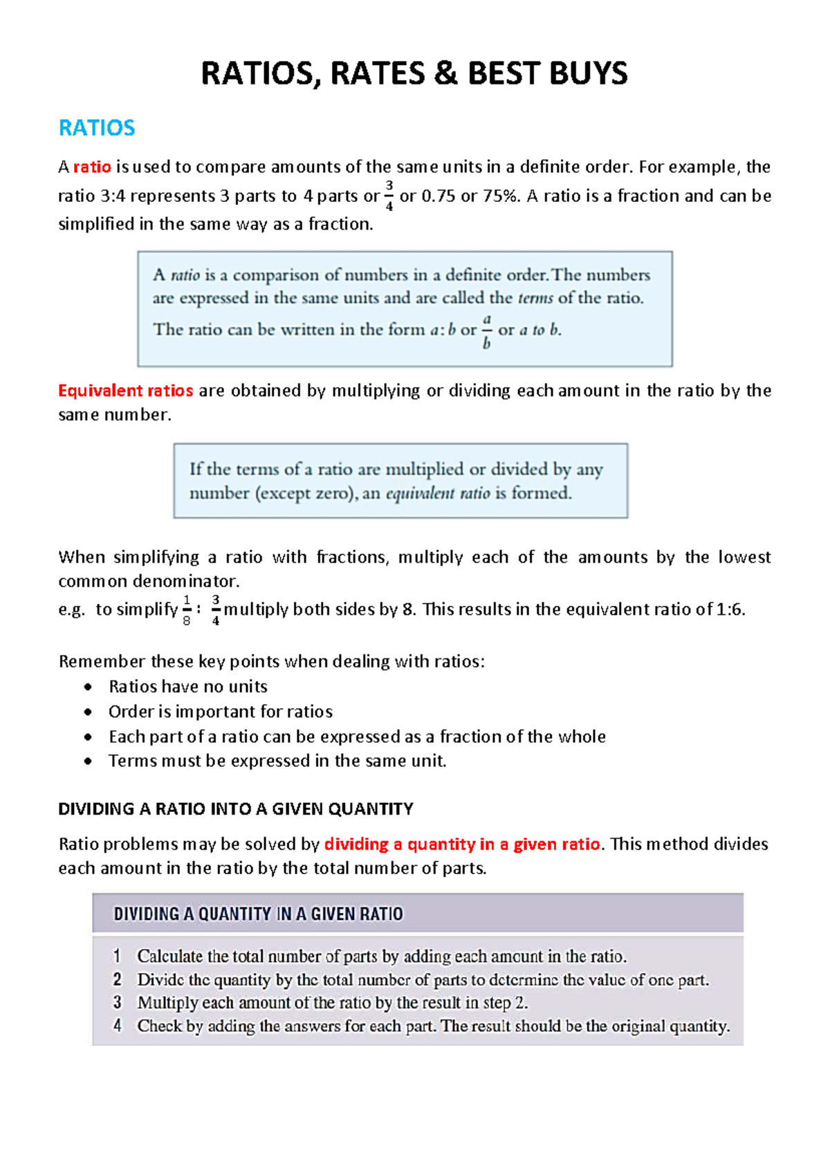 Ratios, Rates & Best Buys (MATH 101 - Study Notes) - Studocu