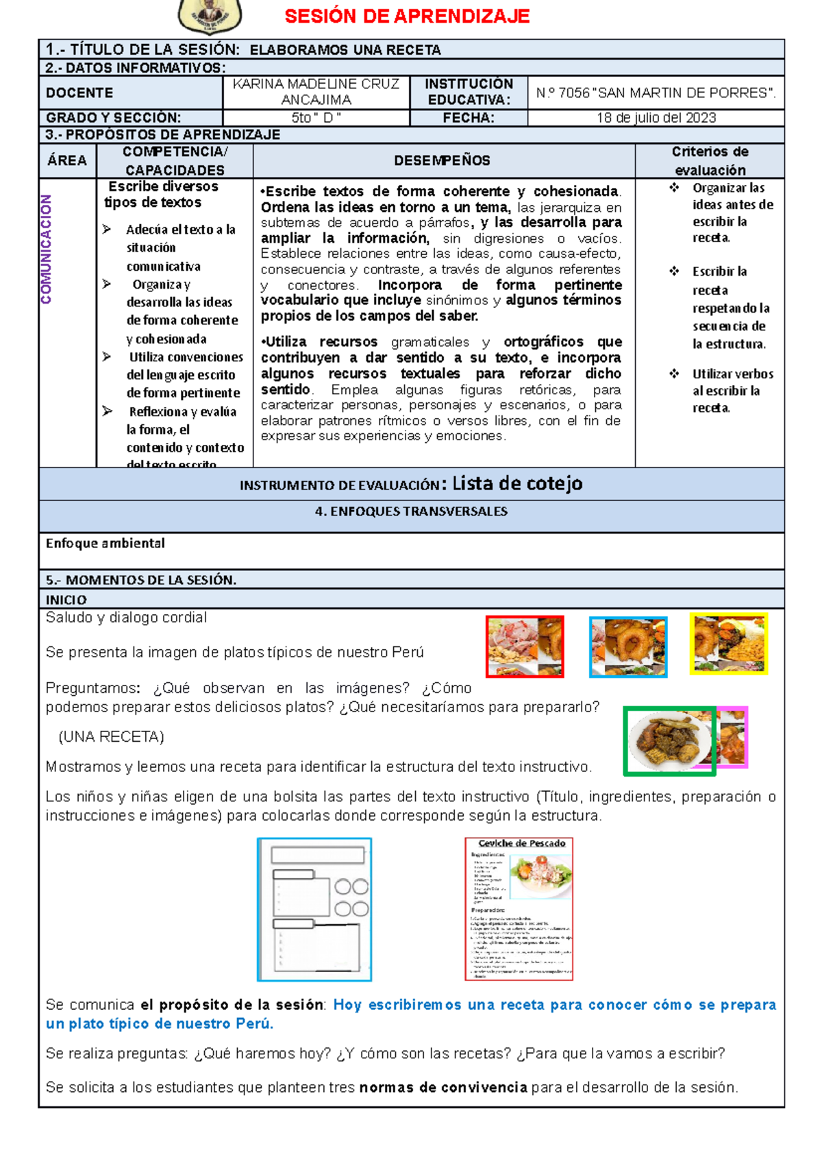 Sesión de Aprendizaje: Elaborando una Receta en 5to "D" - Studocu