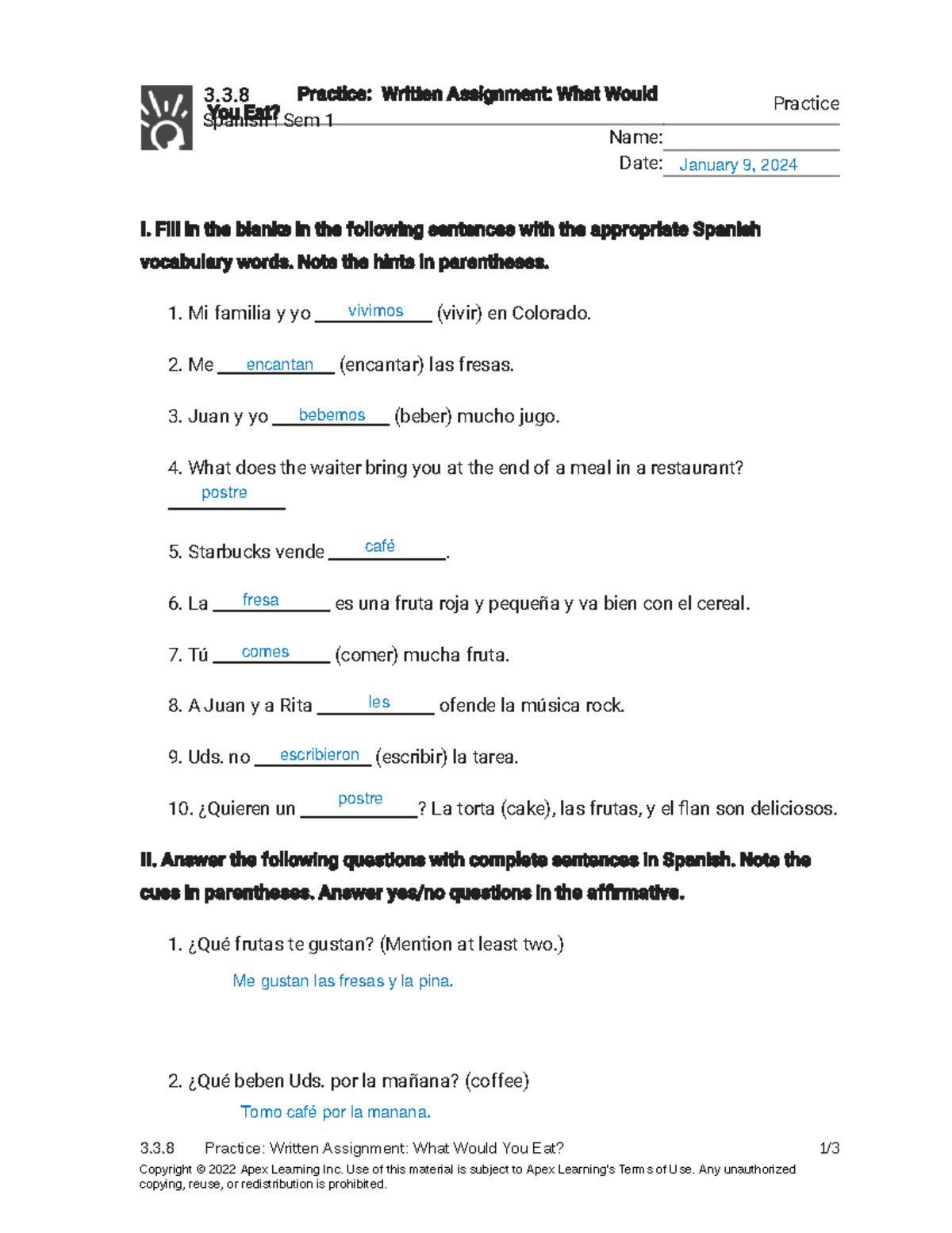 3.3.8 Practice - Written Assignment: What Would You Eat? (Spanish I ...