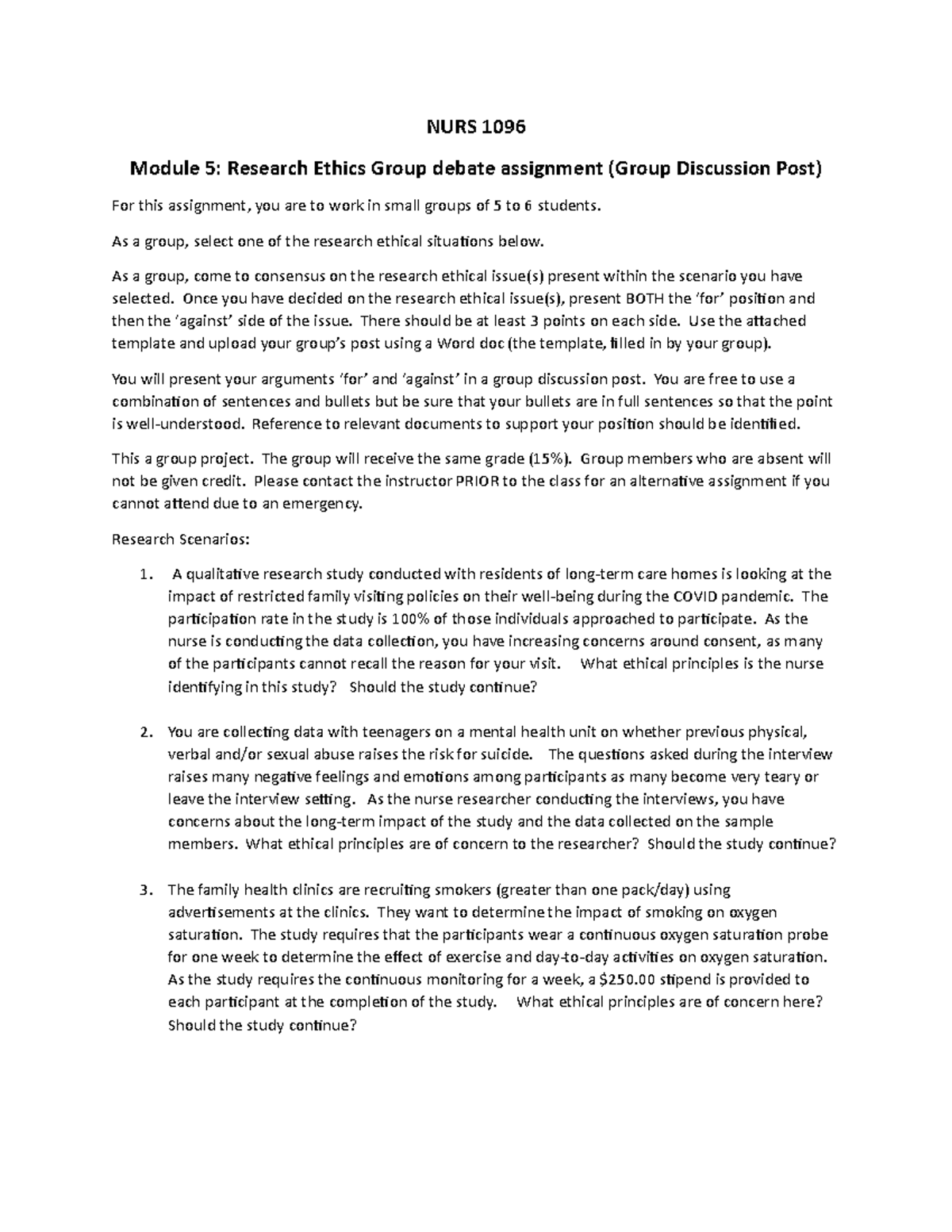 NURS 1096 Ethics Debate Assignment: Research Ethics Group Discussion ...