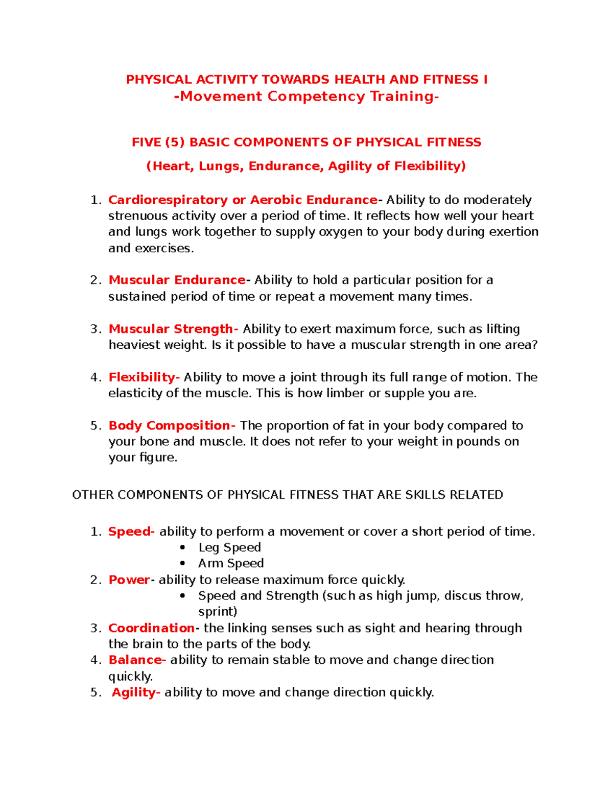 PATHFIT I: Five Basic Components of Physical Fitness - Studocu