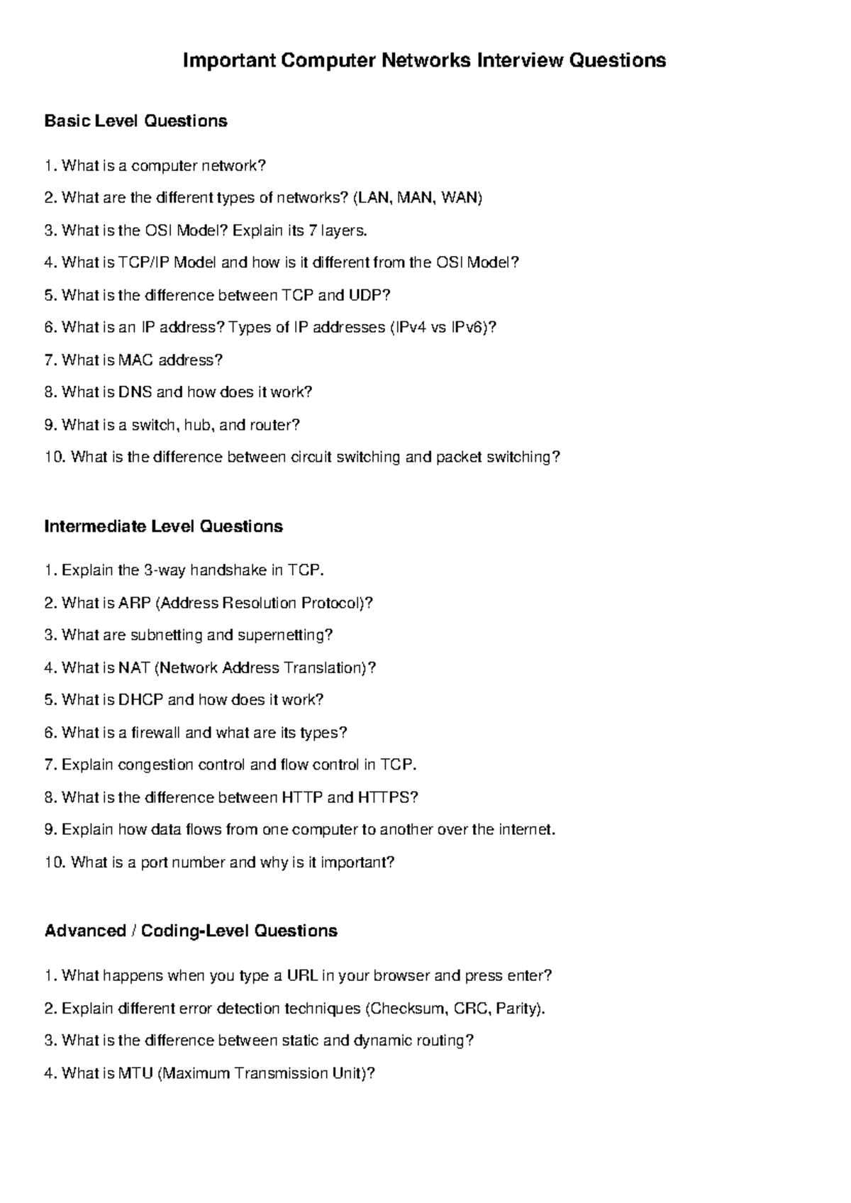 Computer Networks Interview Questions: Basic to Advanced Levels - Studocu