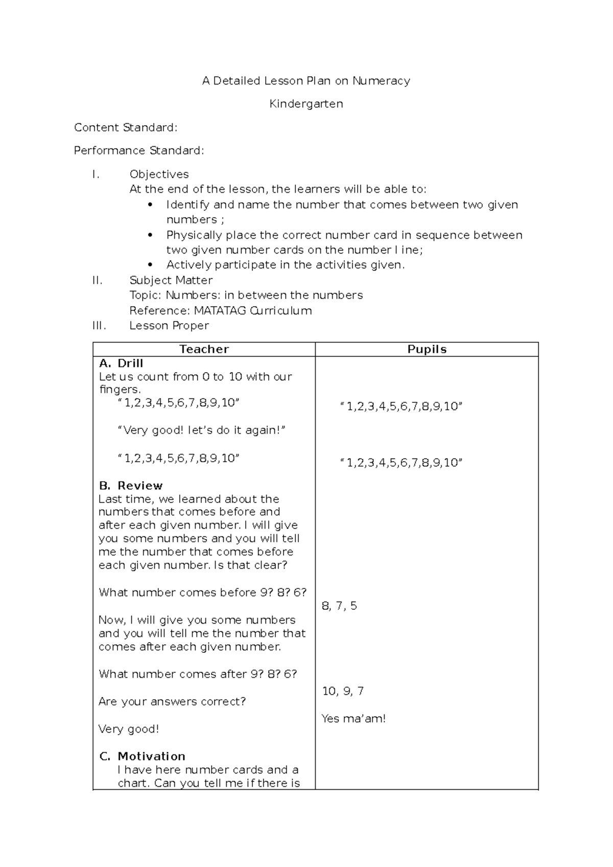 Numeracy DLP: Detailed Lesson Plan for Kindergarten on Number Sequences ...