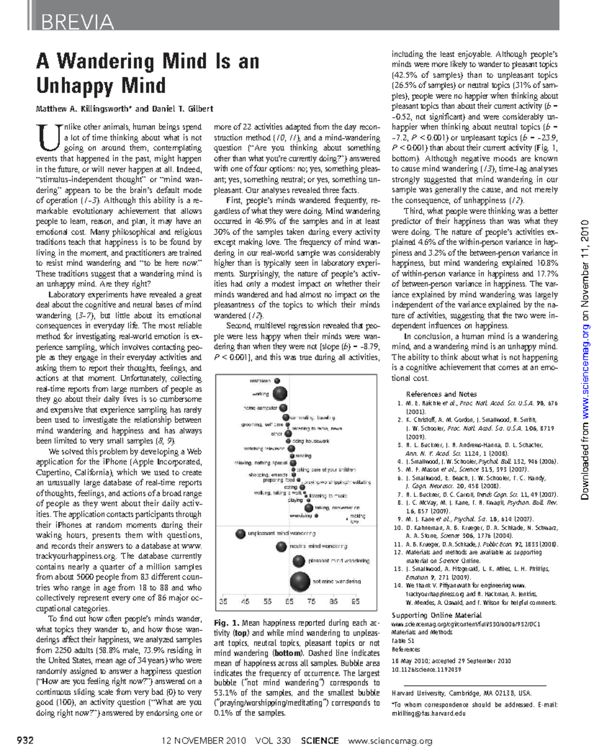 A Wandering Mind Is an Unhappy Mind: Insights from Experience Sampling ...