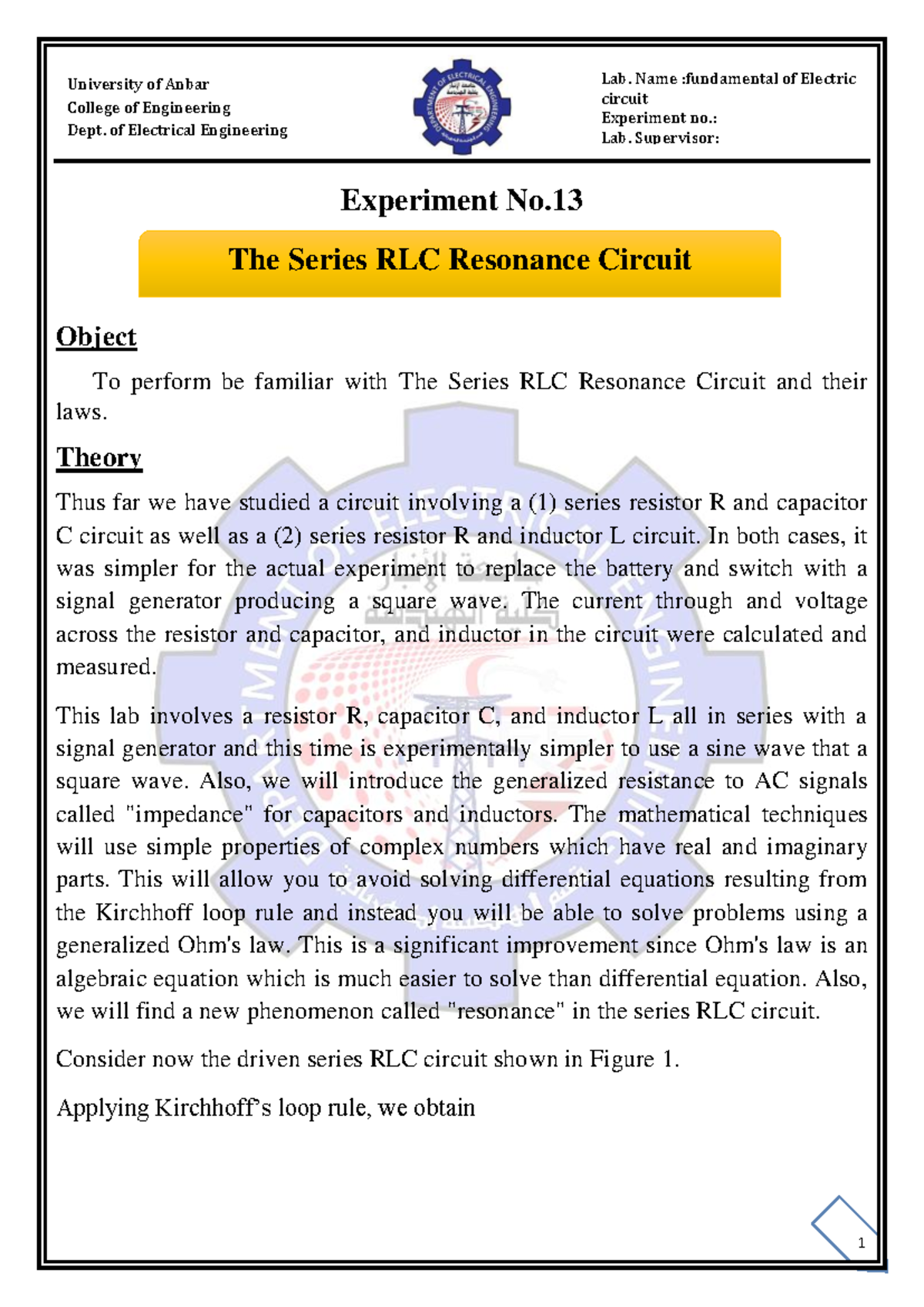 Lab. Report: Series RLC Resonance Circuit (Experiment No. 13) - Studocu