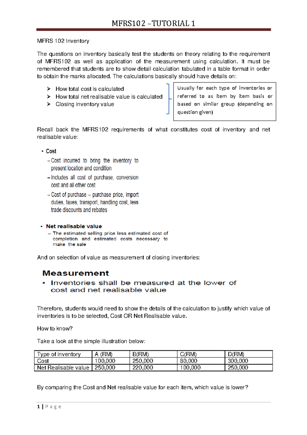 MFRS102 - Tutorial 1: Understanding Inventory Measurement Requirements ...