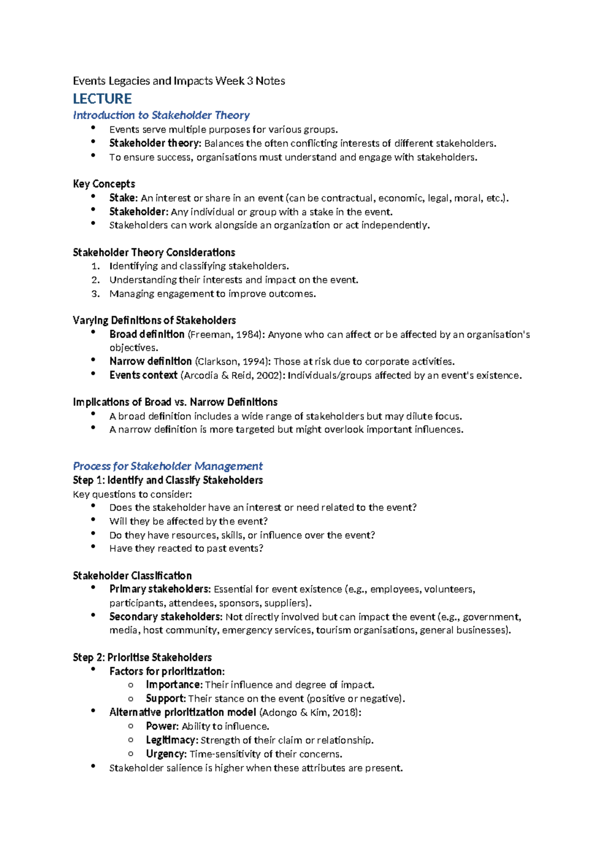 Events Legacies and Impacts Wk 3 Lecture Notes: Stakeholder Theory ...