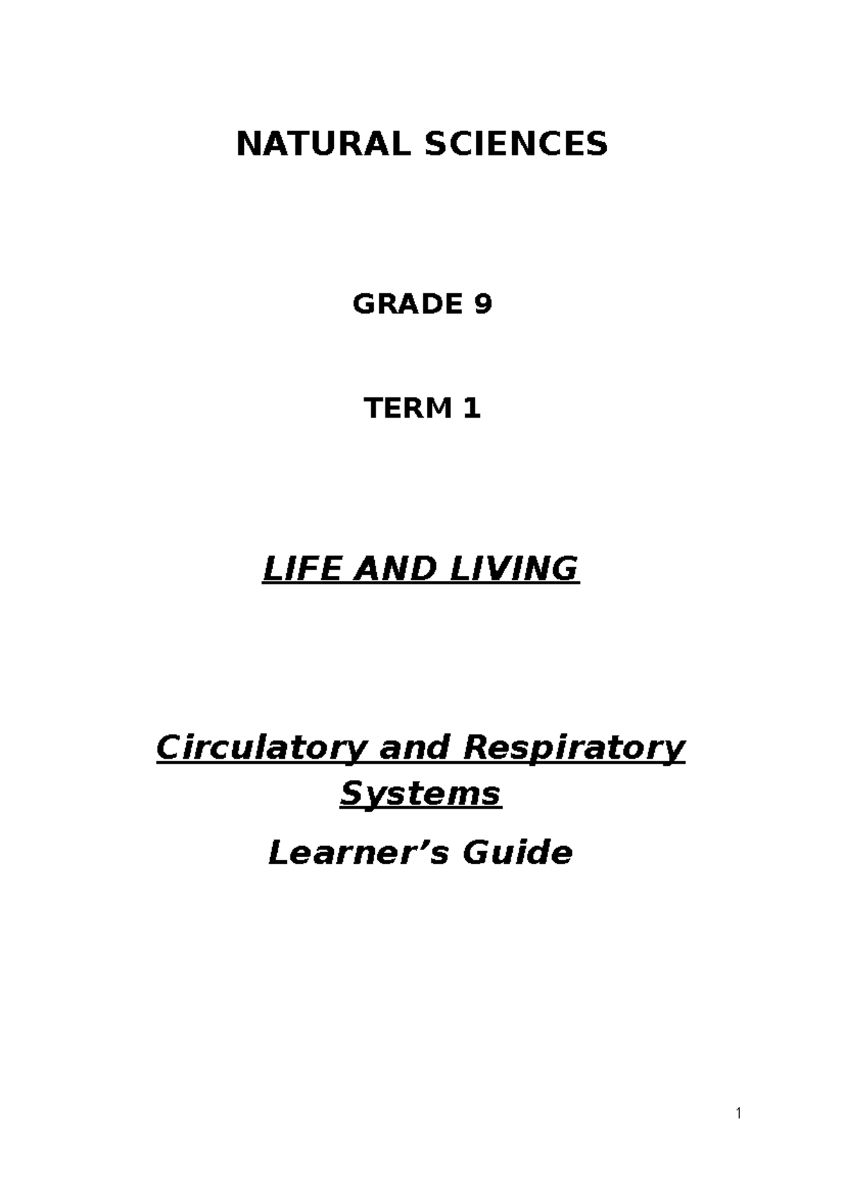 Grade 9 Natural Science Learners Guide: Circulatory & Respiratory ...