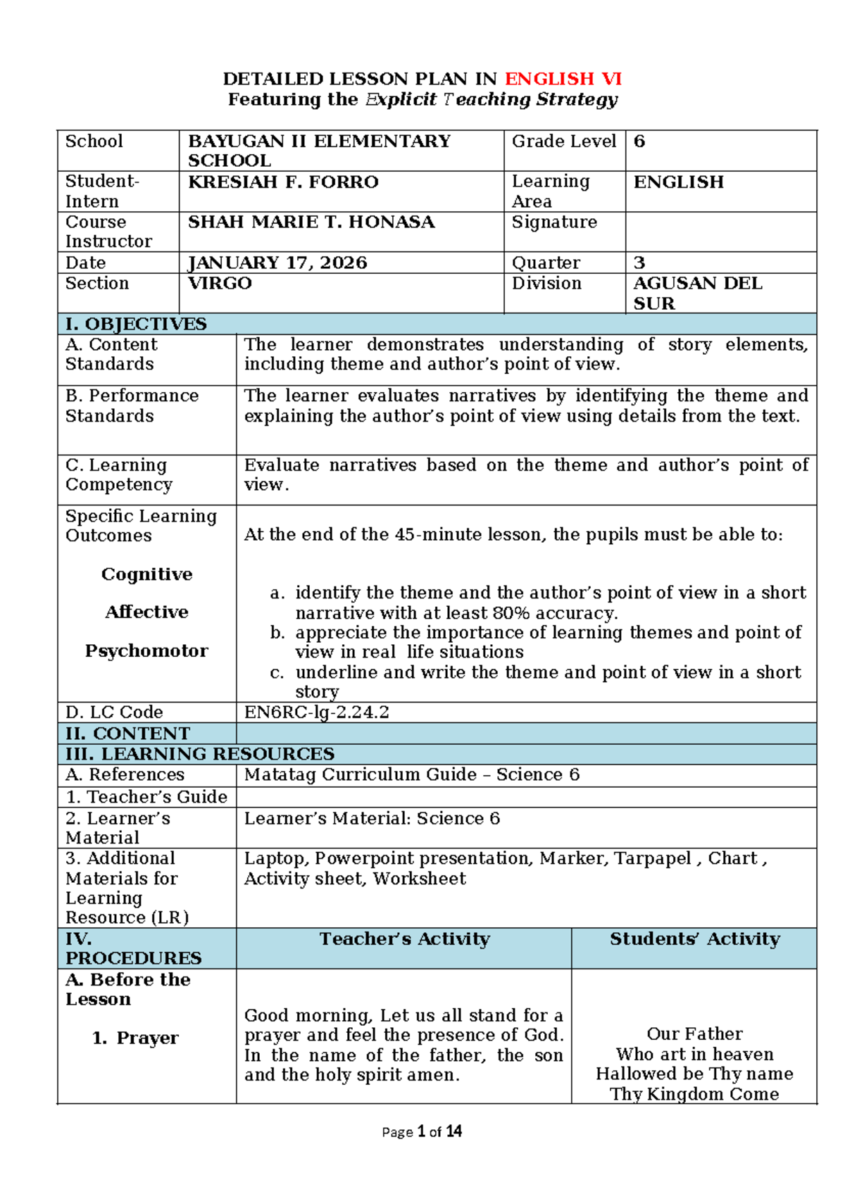 ENGLISH VI DETAILED LESSON PLAN: EXPLICIT TEACHING STRATEGY - Studocu