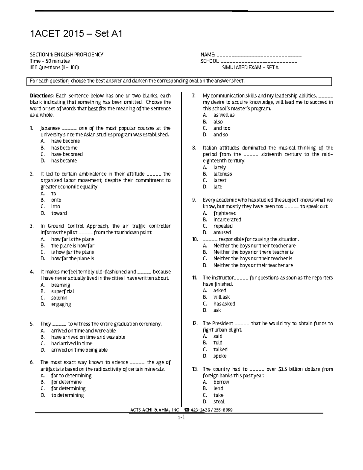 ACET 2015 Simulated Exam Set A: English Proficiency Section 1 - Studocu